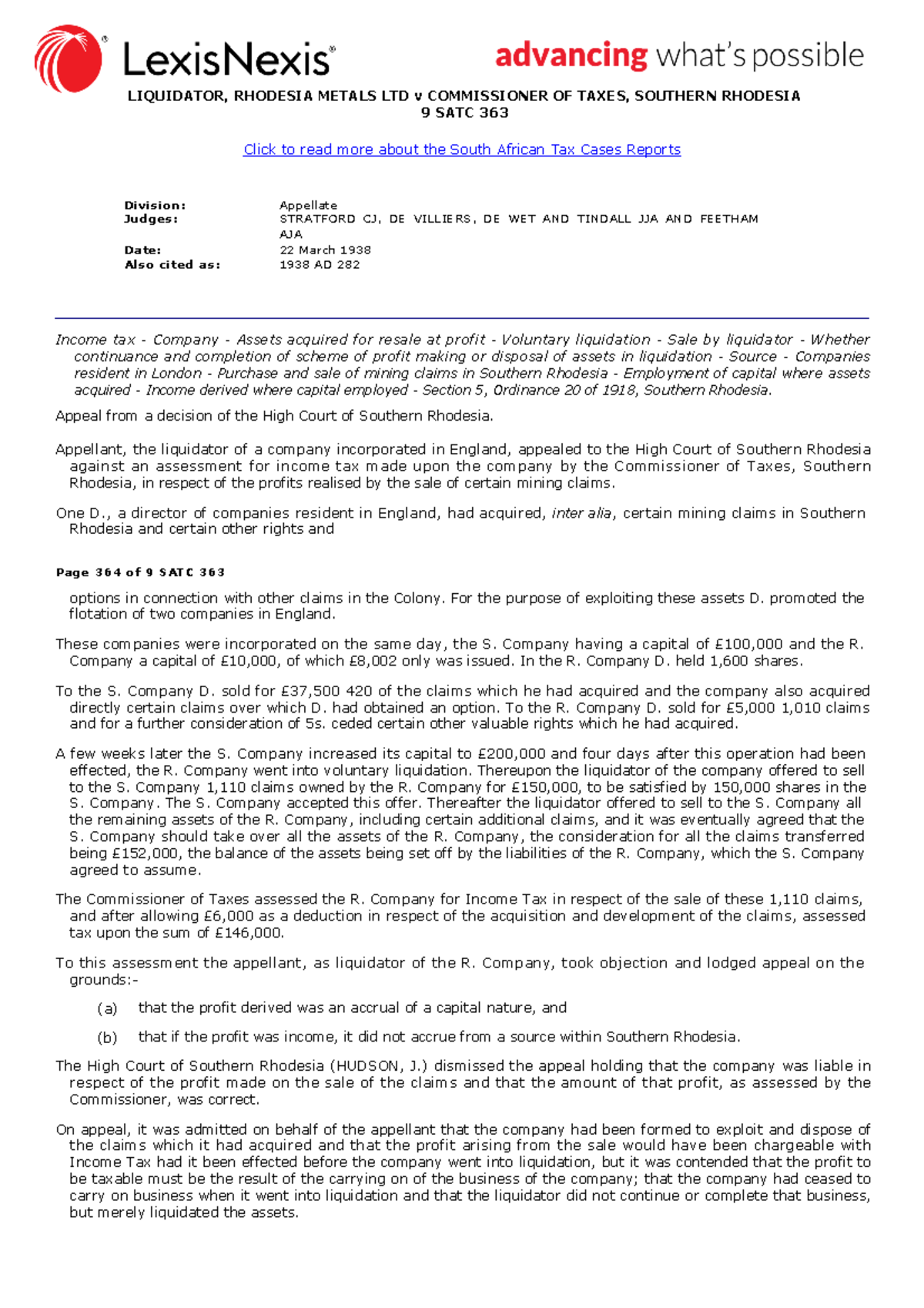 Liquidator, Rhodesia Metals LTD v Commissioner OF Taxes, Southern ...