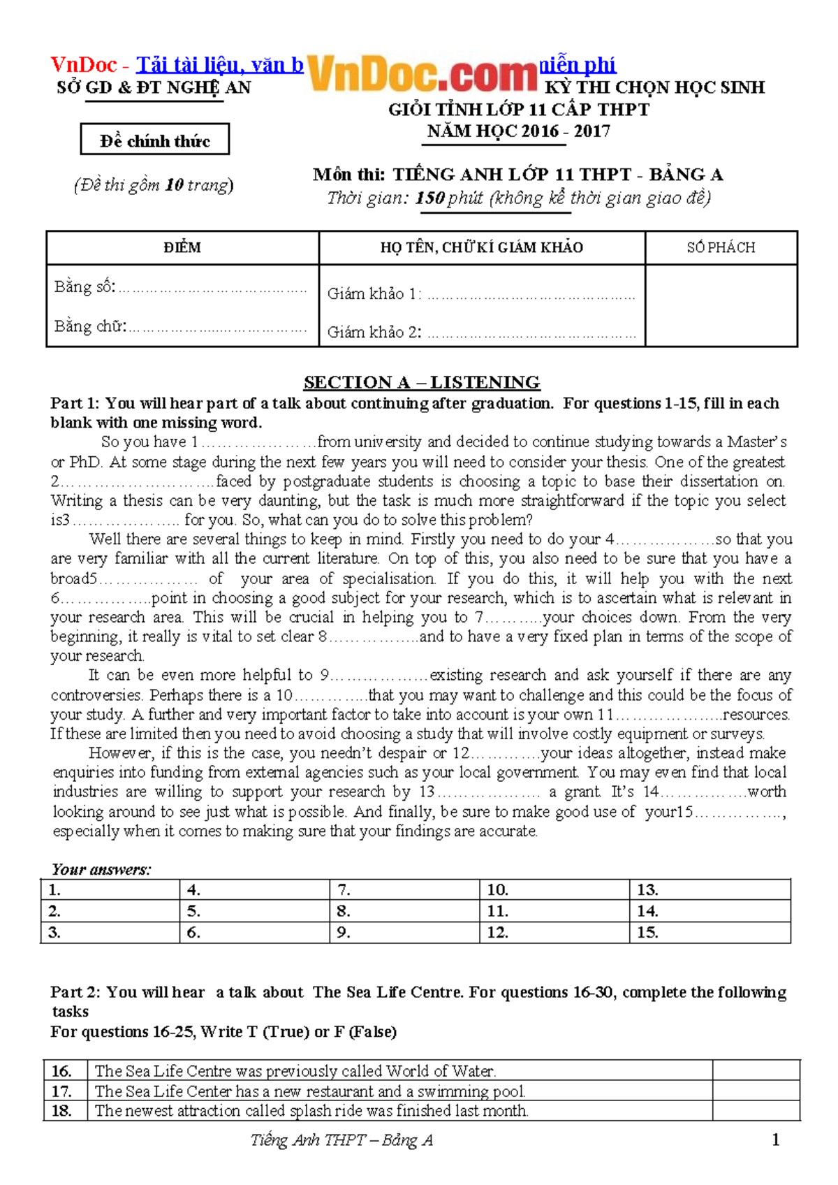 De thi chon hoc sinh gioi cap tinh mon tieng anh lop 11 tinh nghe an nam hoc 2016 2017 bang a co ...