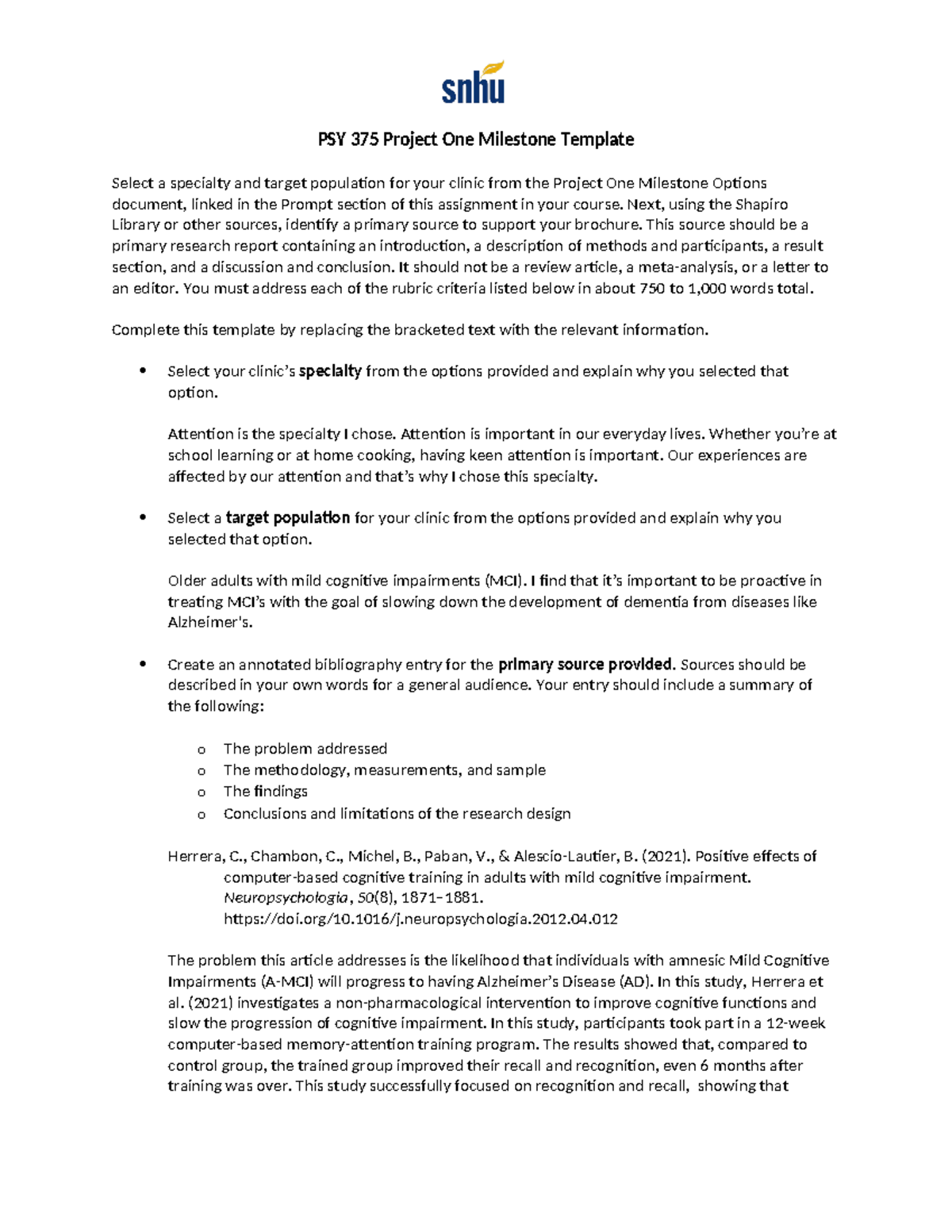 PSY 375 Project One Milestone Template - PSY 375 Project One Milestone ...