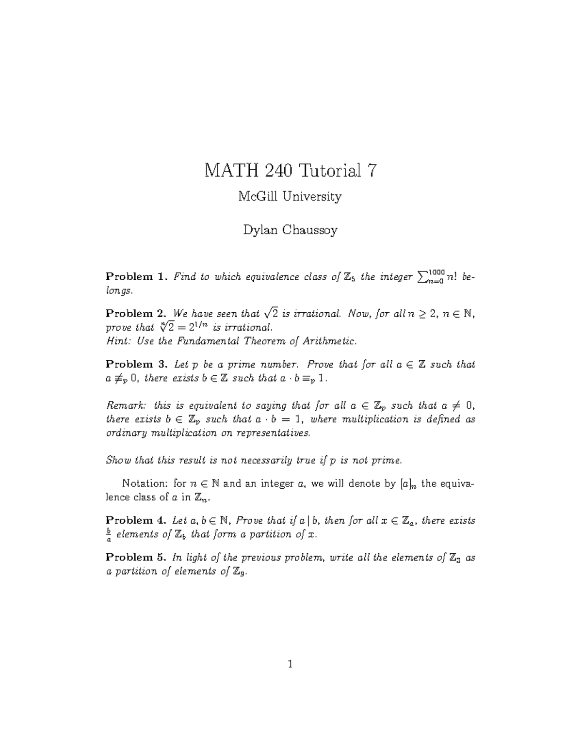 Tut7 - tutorial number 7 - MATH 240 Tutorial 7 McGill University Dylan Chaussoy Problem 1. Find ...