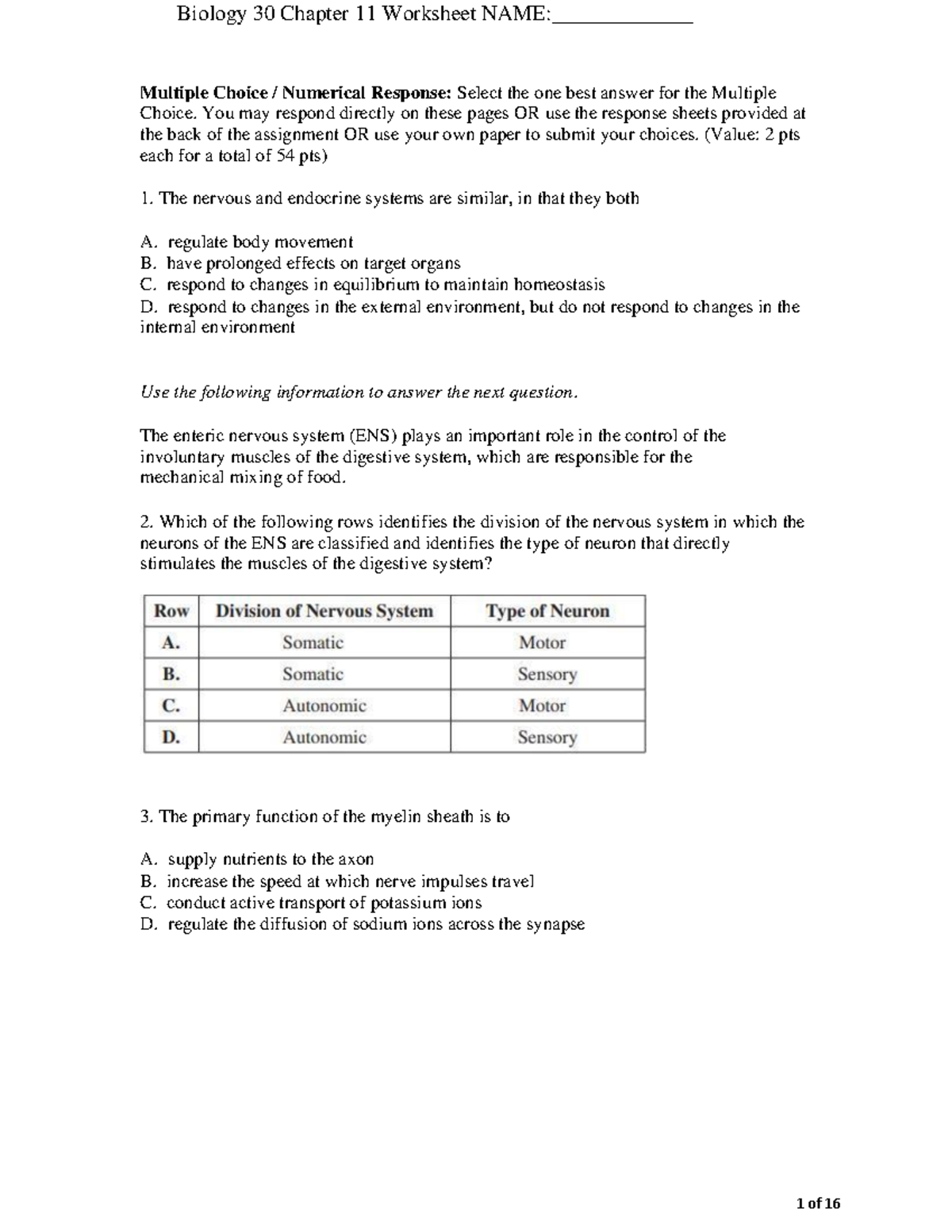 Biology 30 Chapter 11 Worksheet V3 - Multiple Choice / Numerical ...