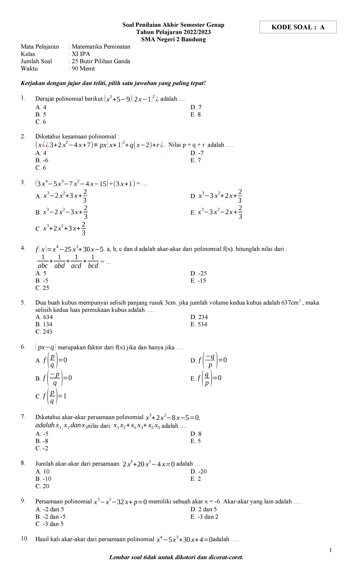 SOAL PAT Genap MIPA XI Paket A 2023 - Soal Penilaian Akhir Semester Genap Tahun Pelajaran 2022 ...