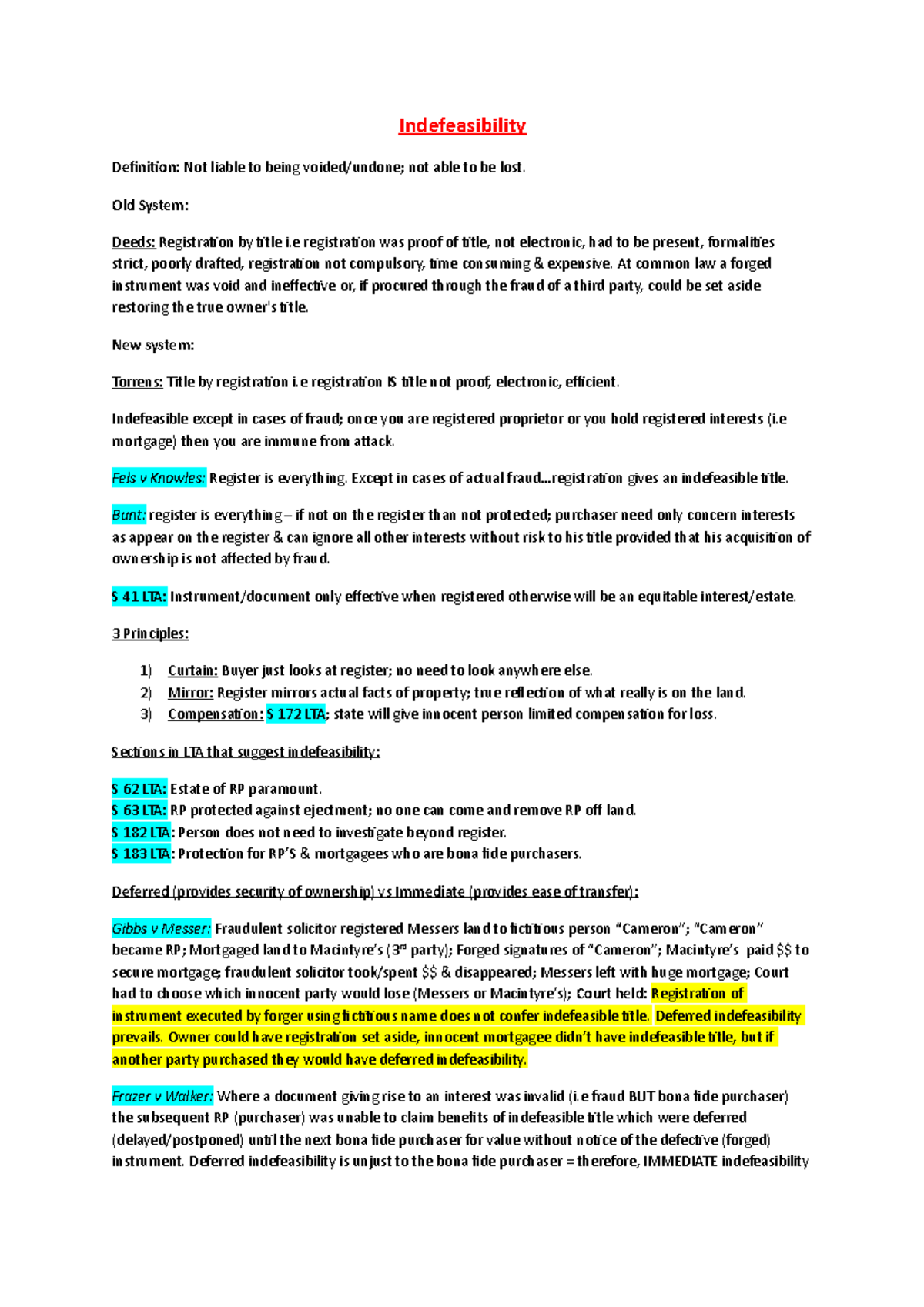 Land Full-Cheat-Sheet - Indefeasibility Definition: Not liable to being ...