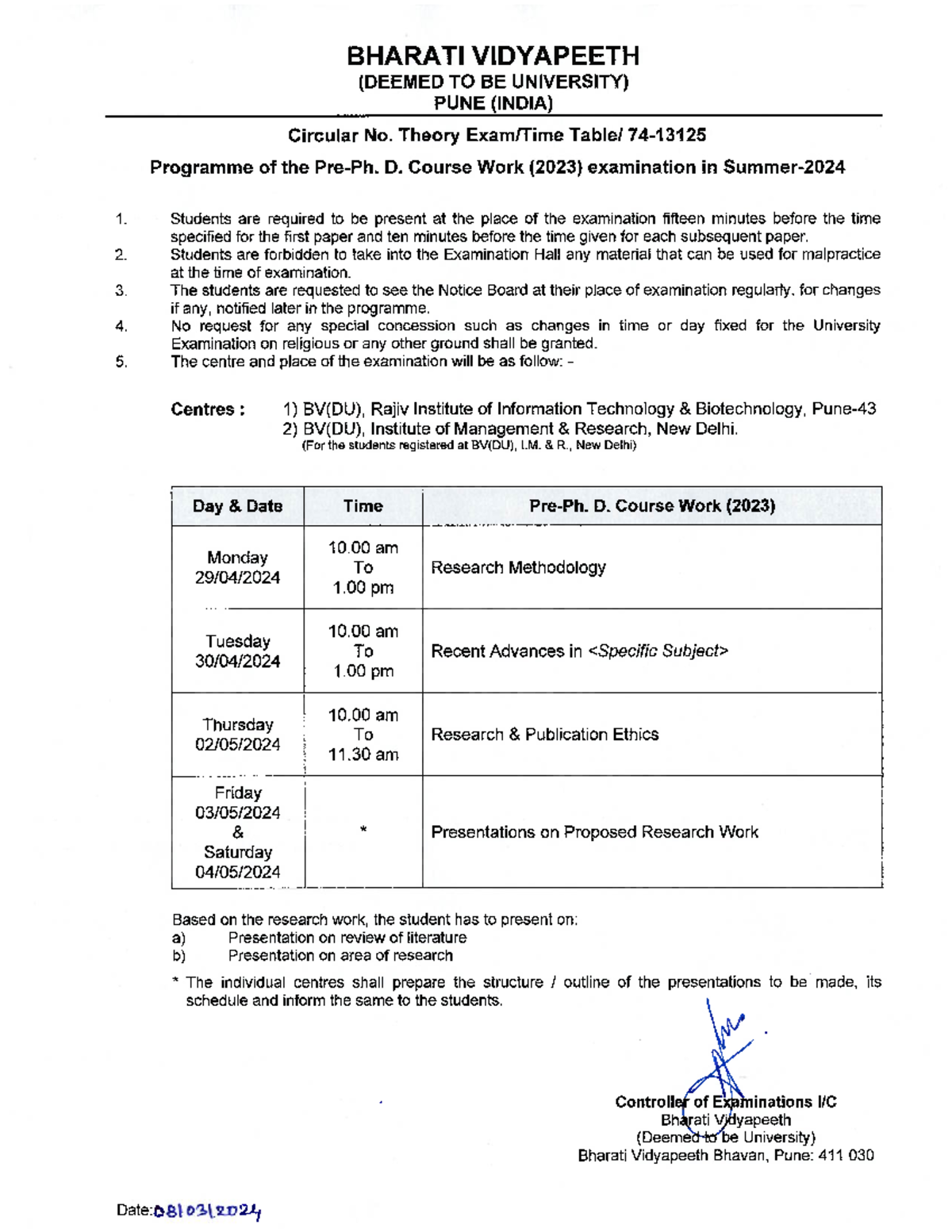 Time-Table - Pre-Ph.D. Course Work Summer-2024 - BHARATI VIDYAPEETH ...
