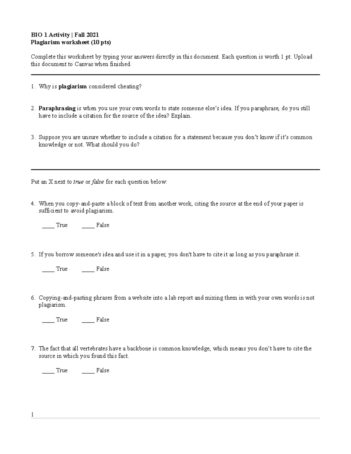 Week 9 - Plagiarism worksheet - BIO 1 - Sacramento State - Studocu