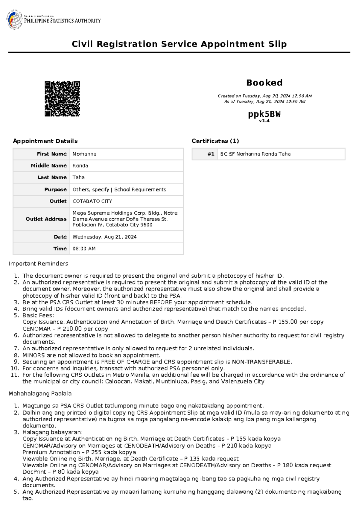 Document - Civil Registration Service Appointment Slip Booked Created ...