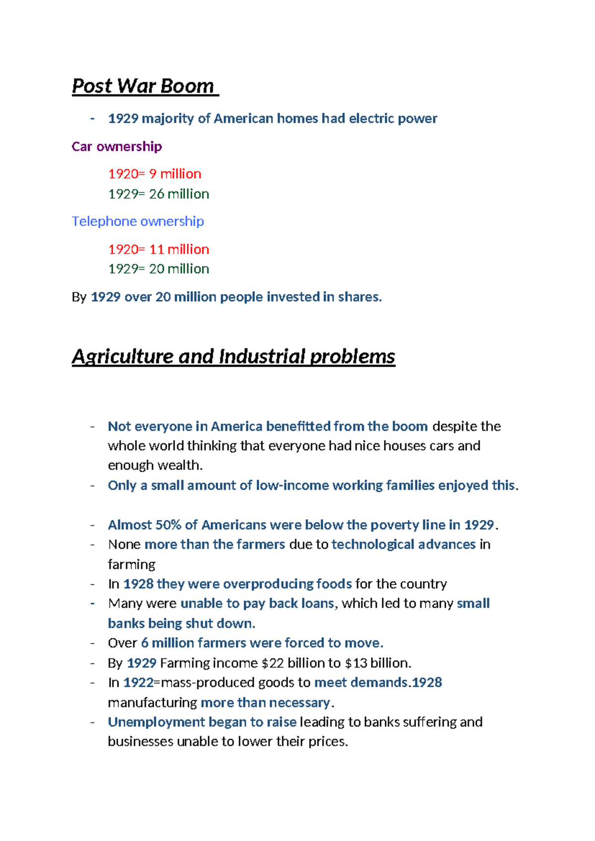 History Notes 1920's - Post War Boom 1929 majority of American homes ...
