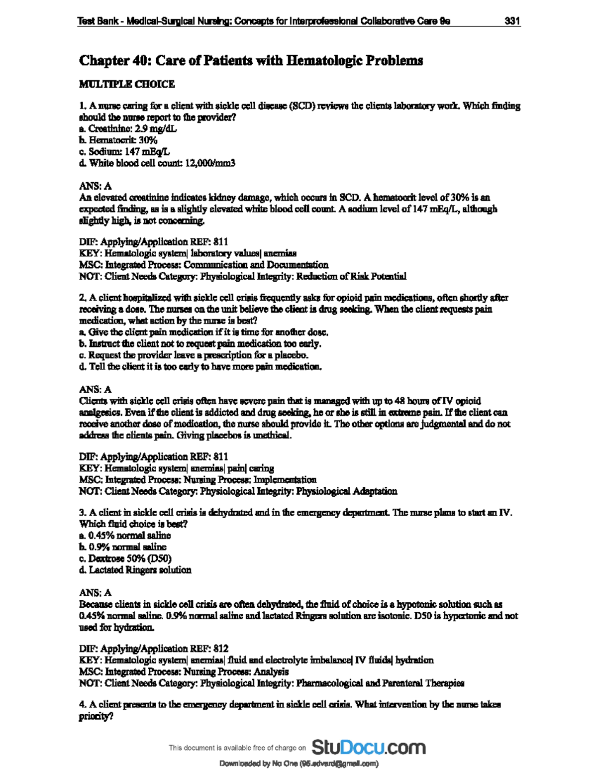 Hematology practice pt 4 - Test Bank Nursing: Concepts for ...