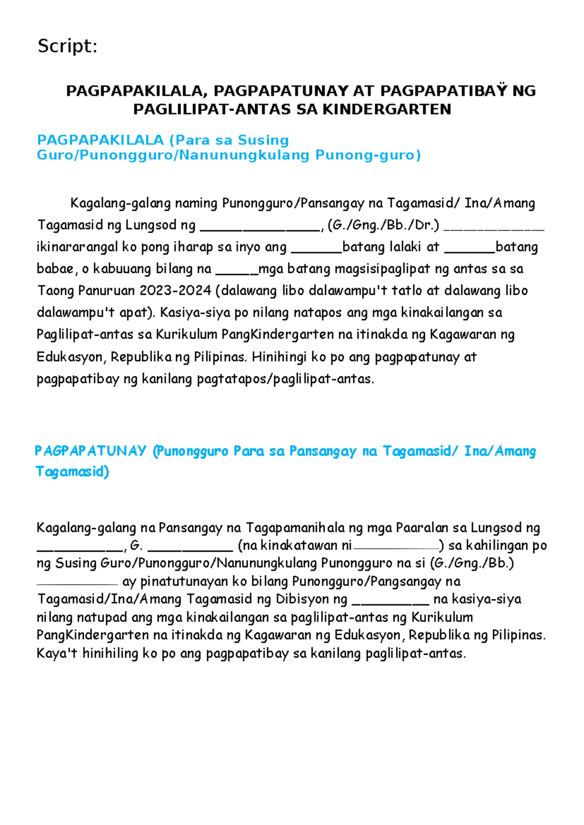 Script Pagpapakilala, Pagpapatunay AT PagpapatibaŸ NG - Script ...