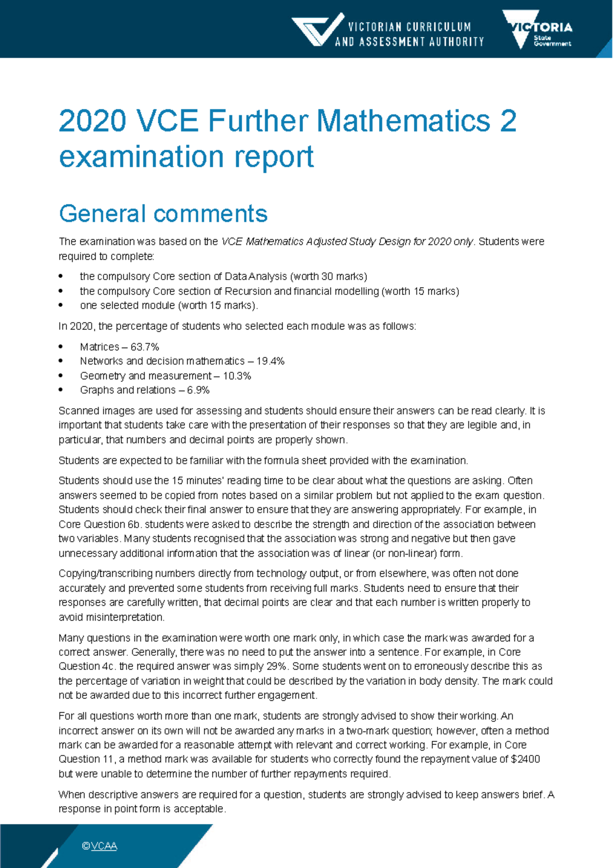 2020furmaths 2-exam-report - 2020 VCE Further Mathematics 2 examination ...