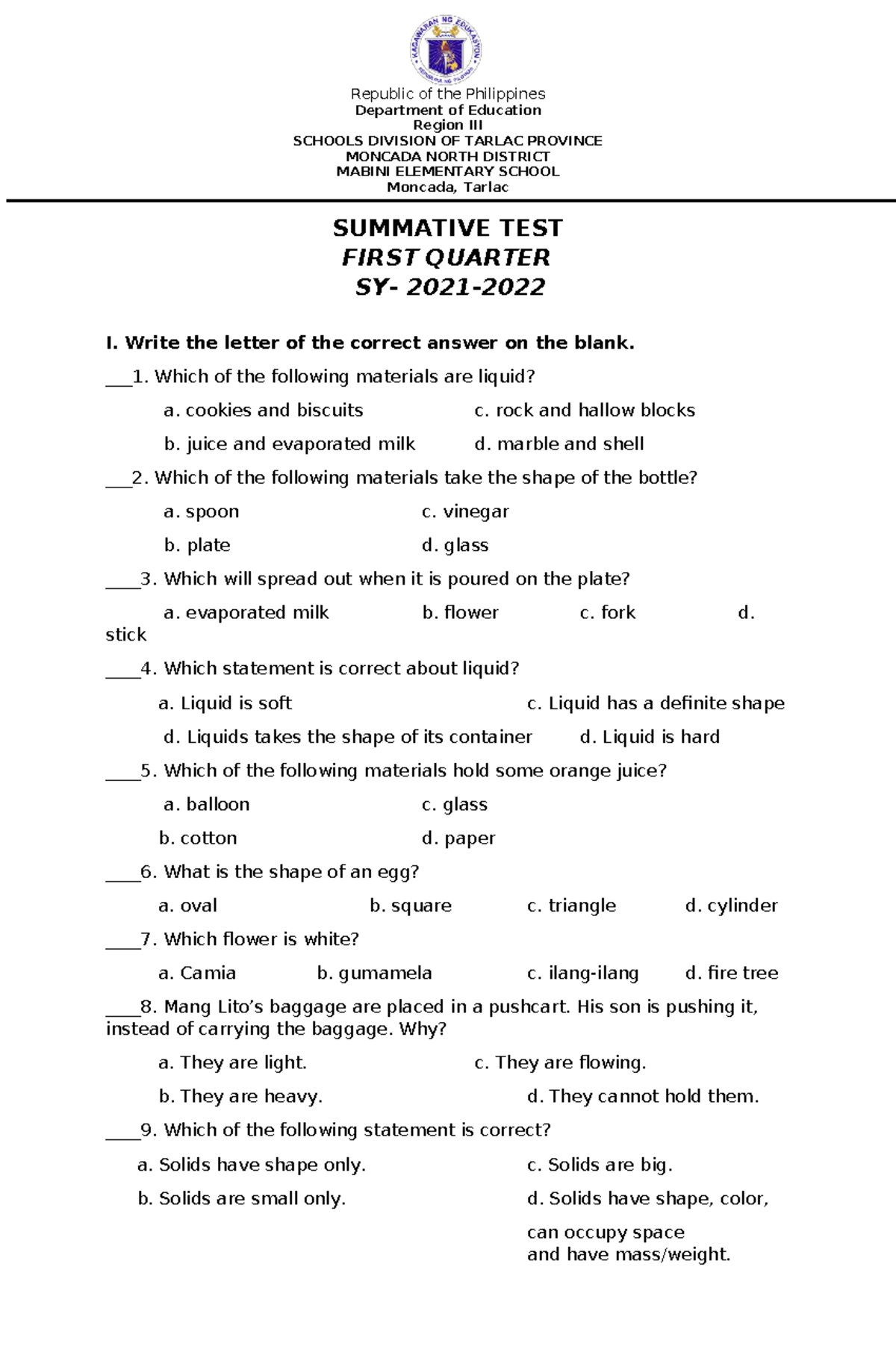 6002002 95 1ST Quarter Summative TEST Science 2 SSES - Department of ...