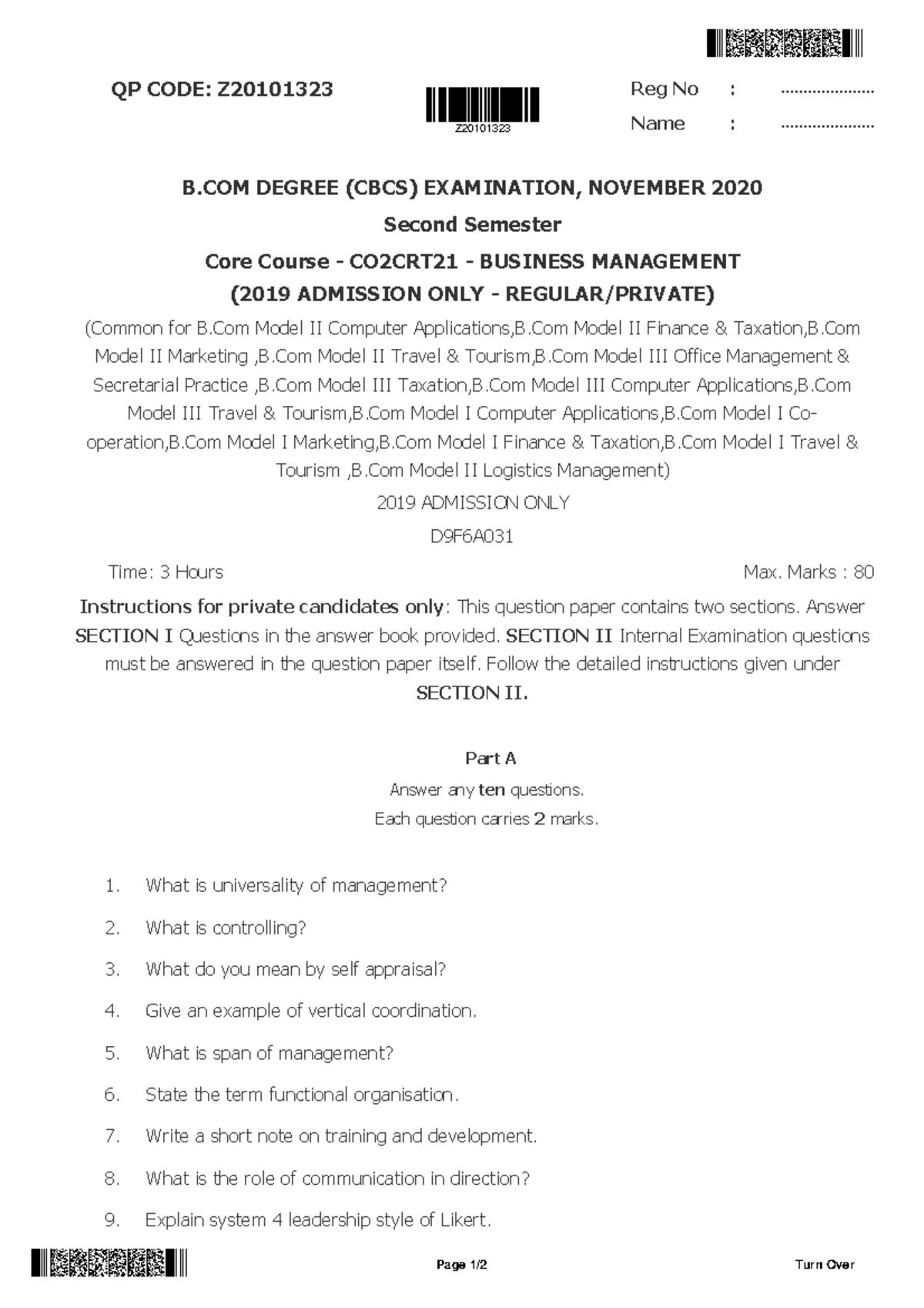 Business Management 2020 - QP CODE: Z20101323 Reg No : ..................... Name : - Studocu