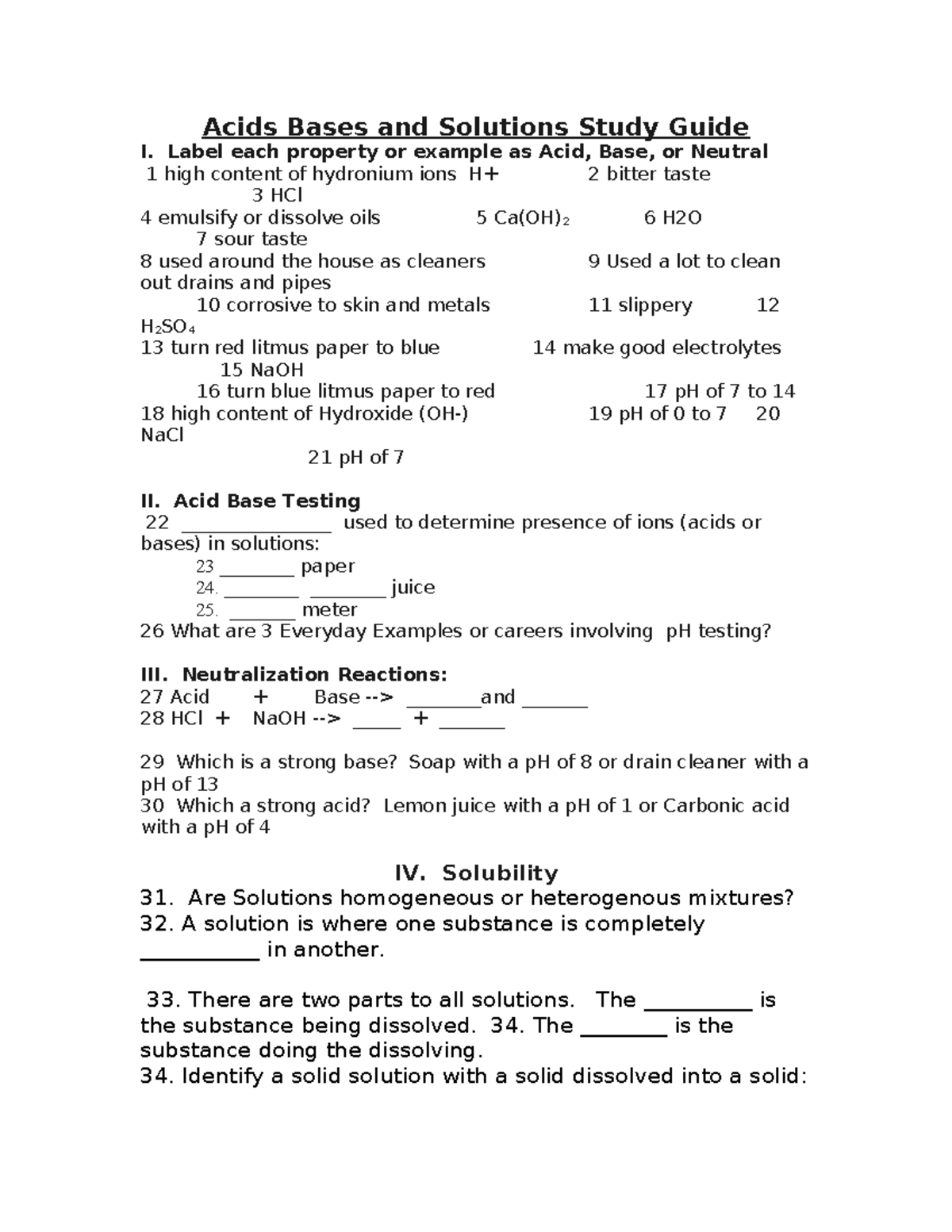 Acids Bases Solutions Study Guide - Acids Bases and Solutions Study ...