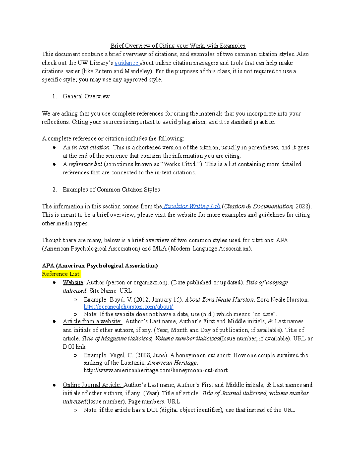 Brief Overview of Citing your Work, with Examples - Also check out the ...