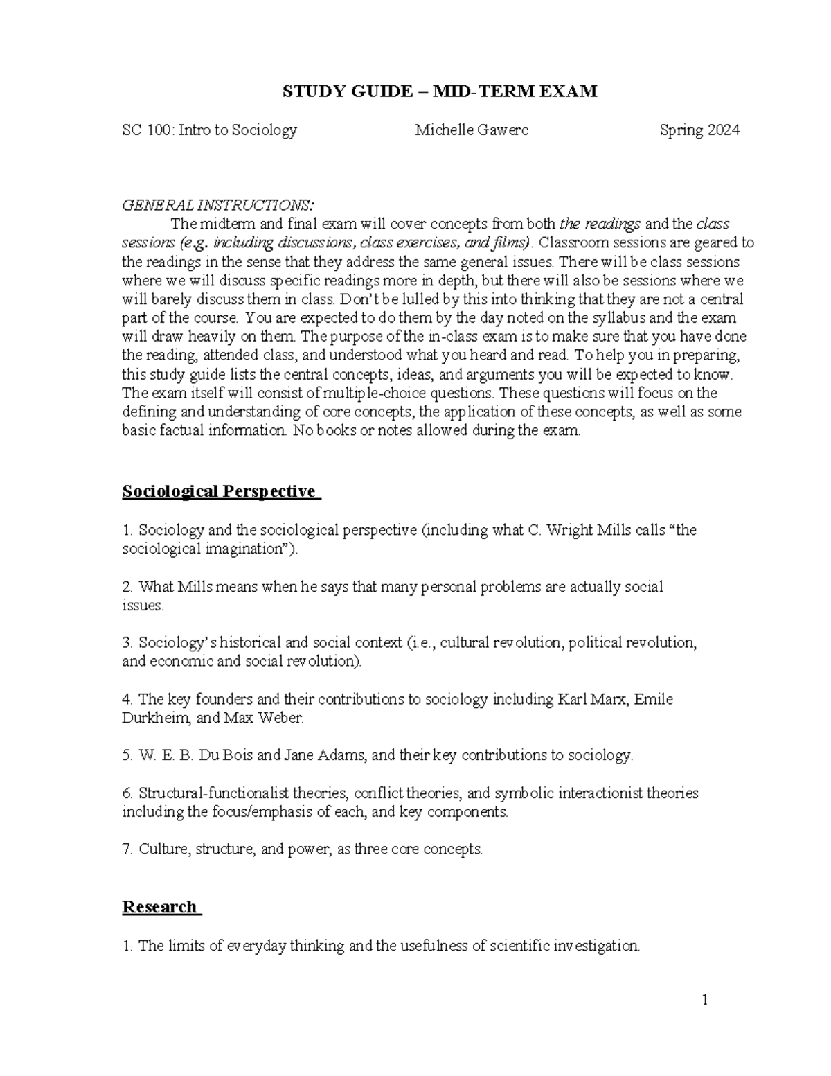 Intro - Study Guide for Midterm Exam 2024 - STUDY GUIDE – MID-TERM EXAM SC 100: Intro to ...