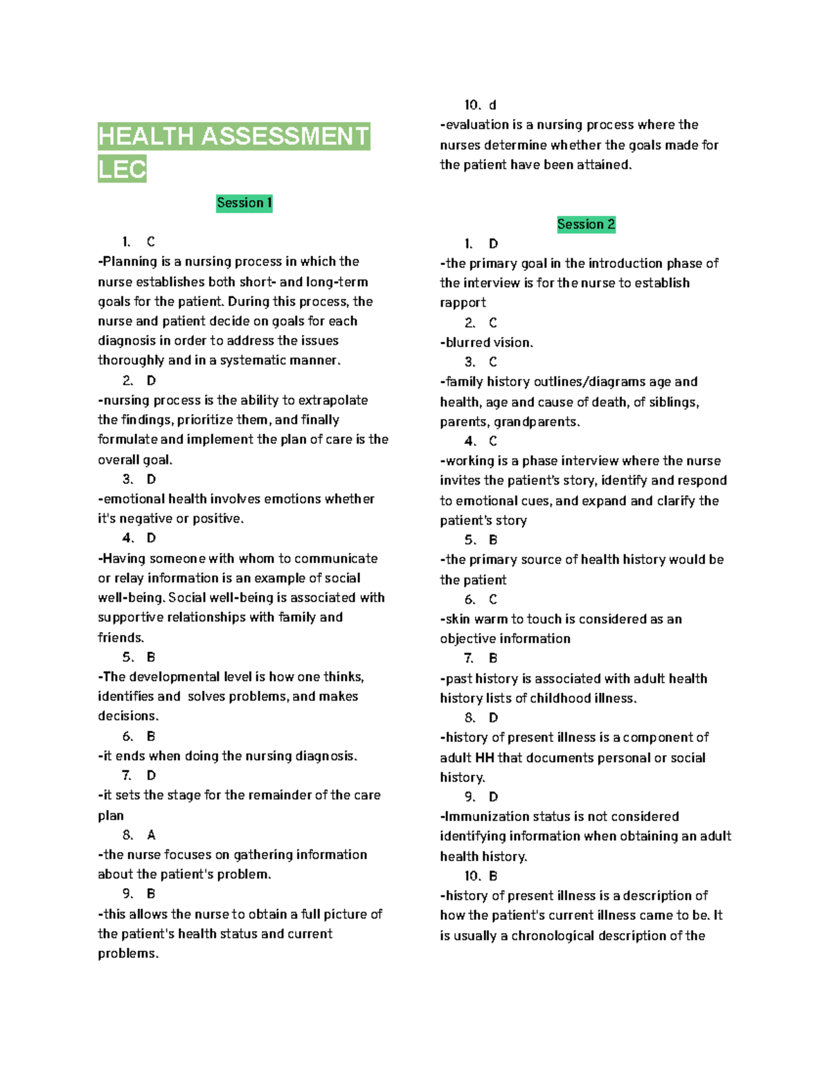 Check - HA LEC S1 - HEALTH ASSESSMENT LEC Session 1 C -Planning is a ...
