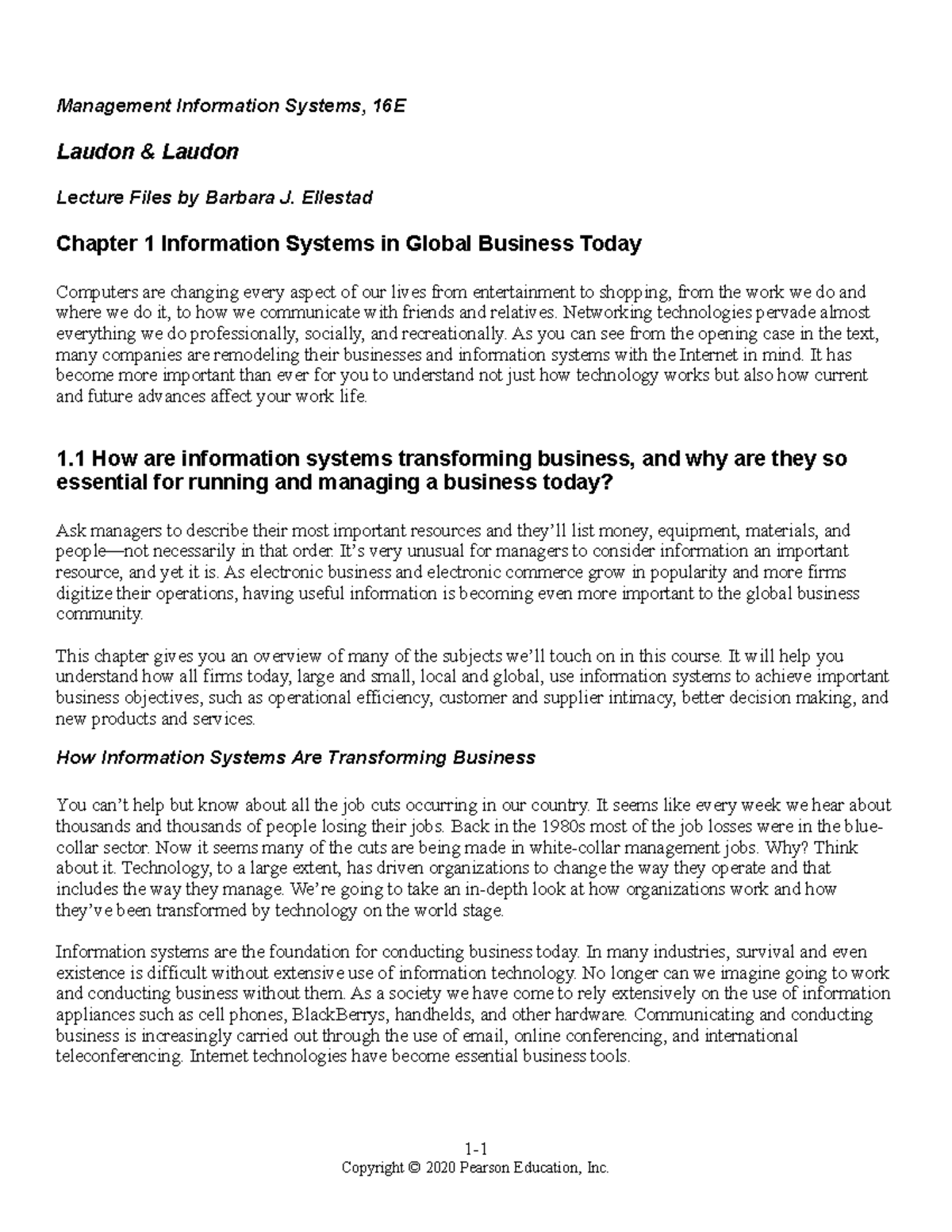 Chapter 01 lecture notes MIS 3301 - Management Information Systems, 16E ...