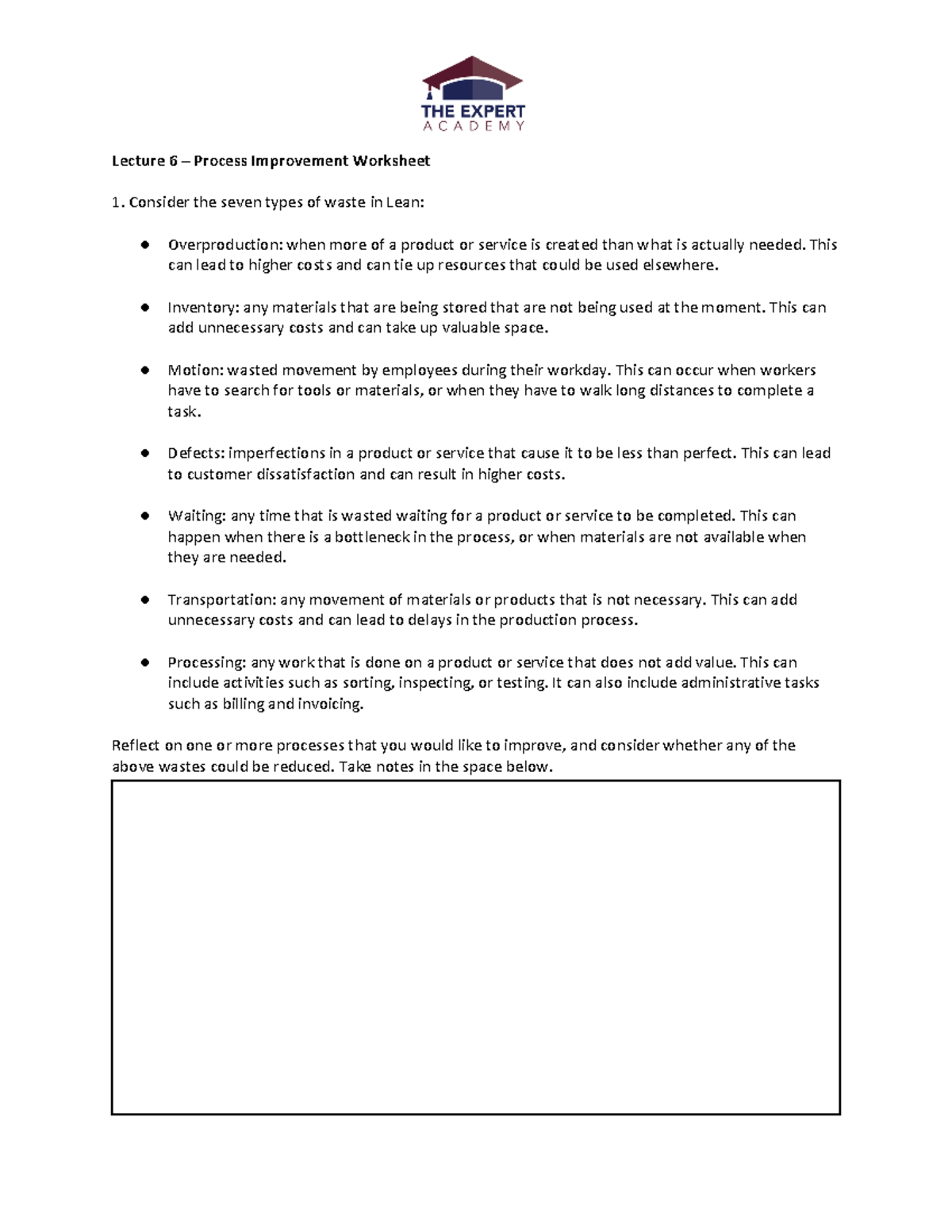 6 l6 process improvement worksheet - Lecture 6 – Process Improvement ...