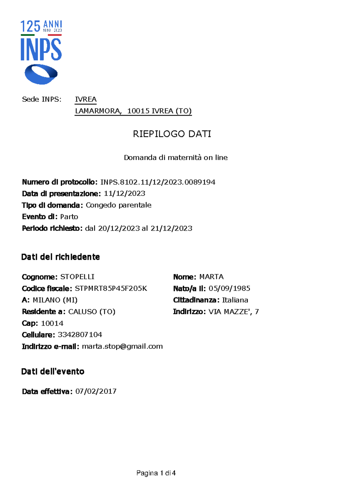 Riepilogo - appputni - RIEPILOGO DATI Domanda di maternità on line Dati del richiedente Dati ...