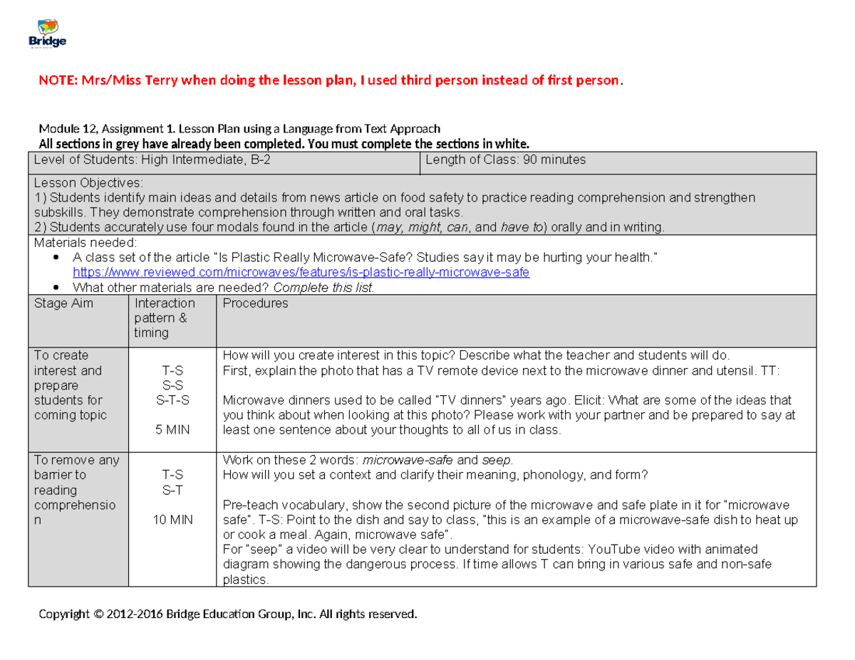 Module 12 Assignment 1 Lesson Plan - NOTE: Mrs/Miss Terry when doing ...