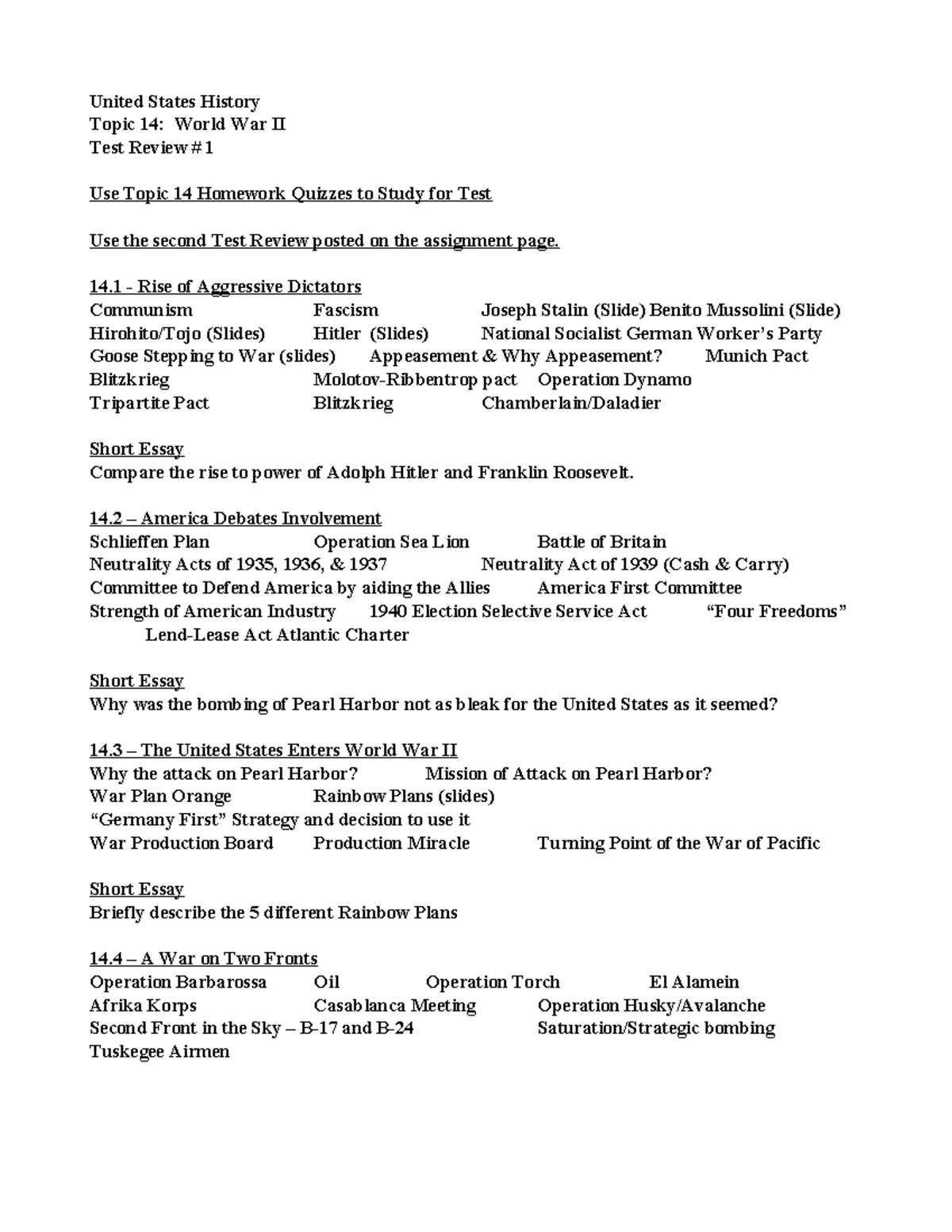 Topic 14 World War II S2023 Test Review 1 - United States History Topic ...