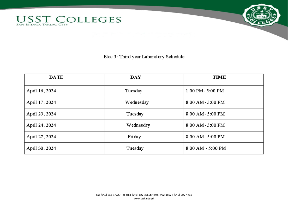 Schedule medical OJT Final - Marine Engineering - Elec 3- Third year Laboratory Schedule Fax ...