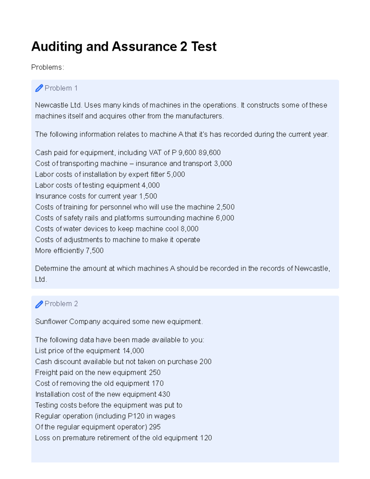 Auditing 2 Test - Auditing and Assurance 2 Test Problems: Problem 1 ...
