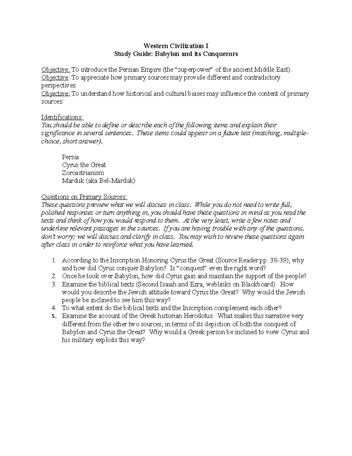 Study Guide Babylon(2) (1) Fourt Class - Western Civilization I Study ...