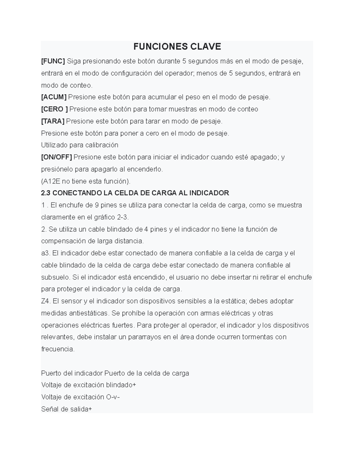 Manual de balanza - FUNCIONES CLAVE [FUNC] Siga presionando este botón ...