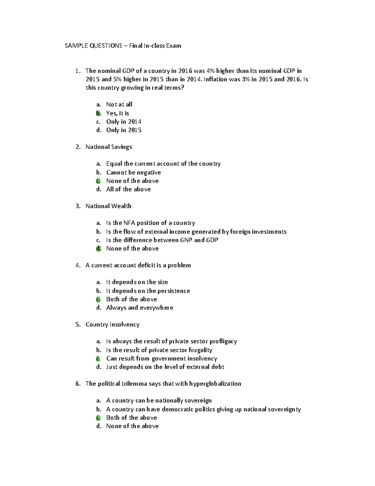 Sample Questions - Countries - SAMPLE QUESTIONS – Final In‐class Exam ...