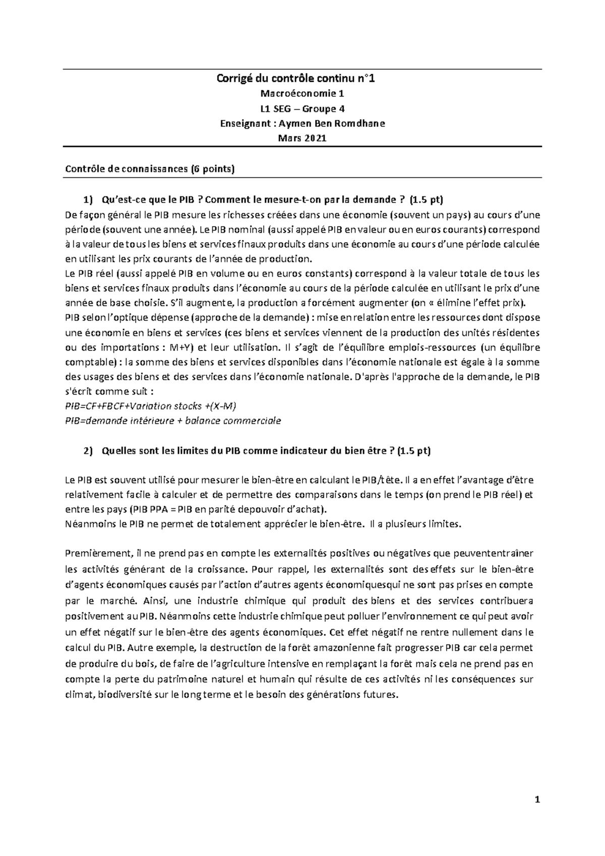 Corrigé CC1 n°4 - Corrigé du contrôle continu n° Macroéconomie 1 L1 SEG – Groupe 4 Enseignant ...