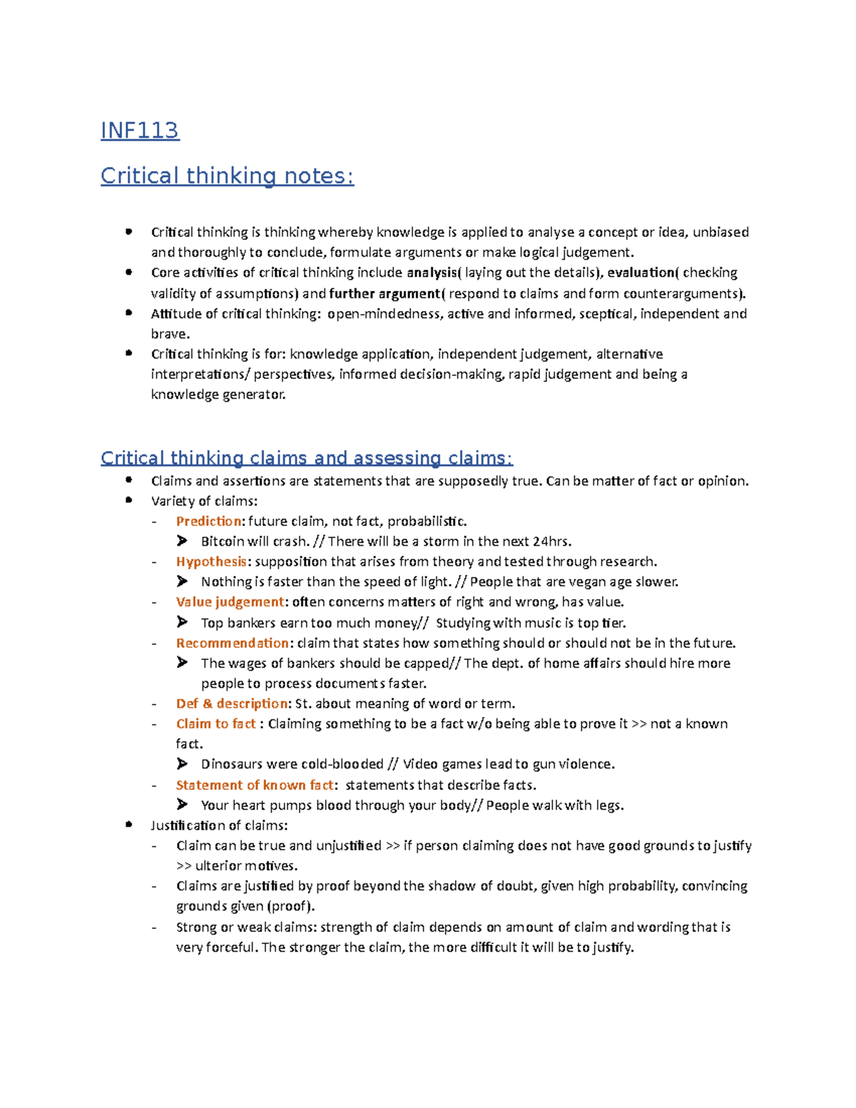 INF 113 Lecture Notes for semester 1 - INF Critical thinking notes ...