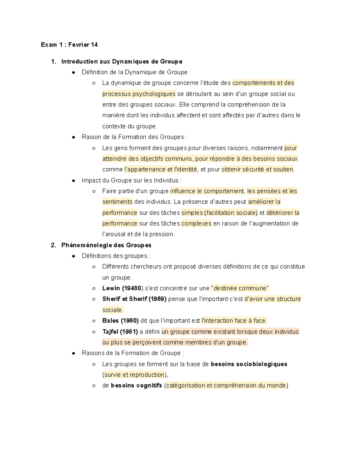 Exam 1 - Guide d'etude - Exam 1 : Fevrier 14 1. Introduction aux Dynamiques de Groupe Définition ...