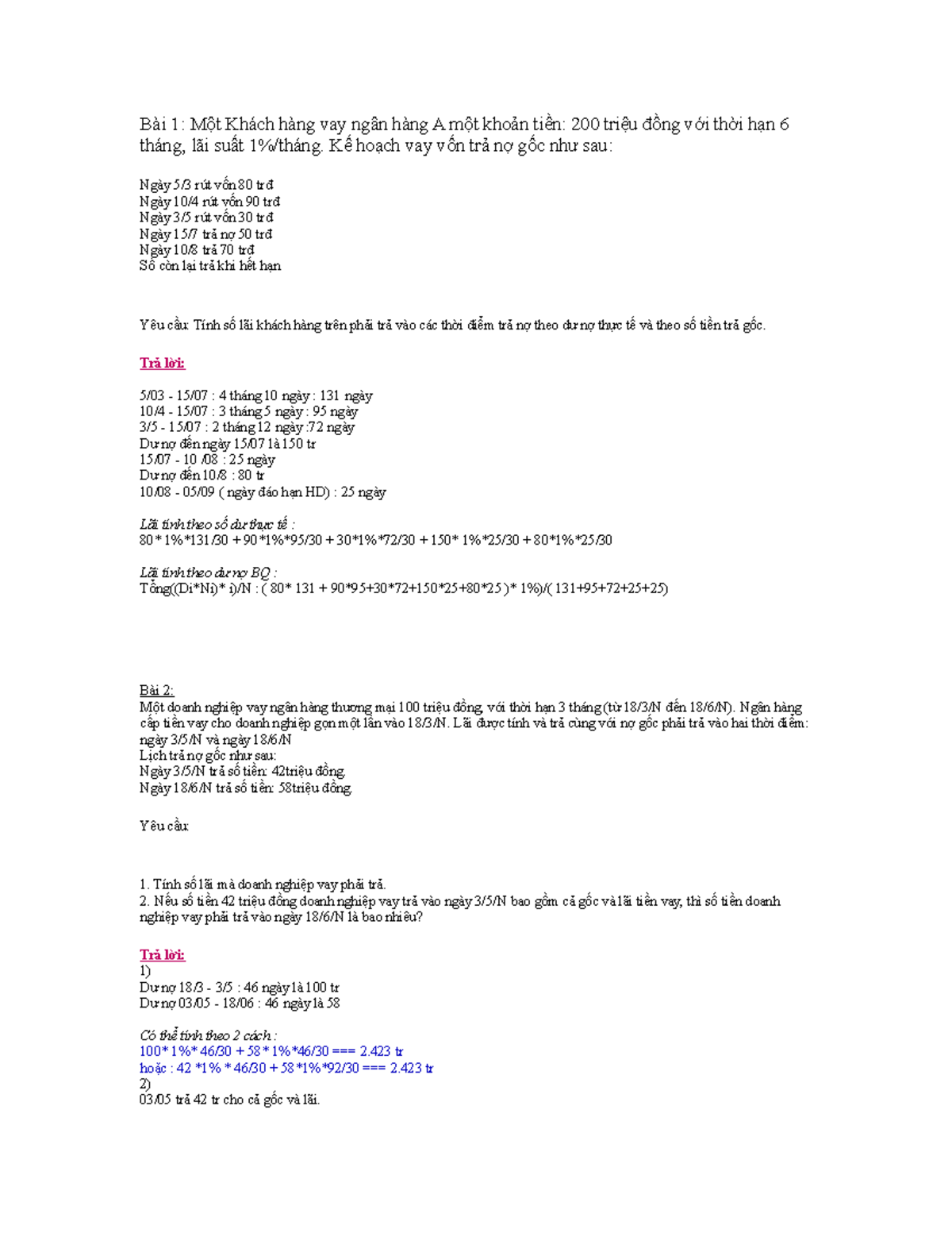 8 dang BT mon Nvnhtm - Bài 1: Một Khách hàng vay ngân hàng A một khoản ...