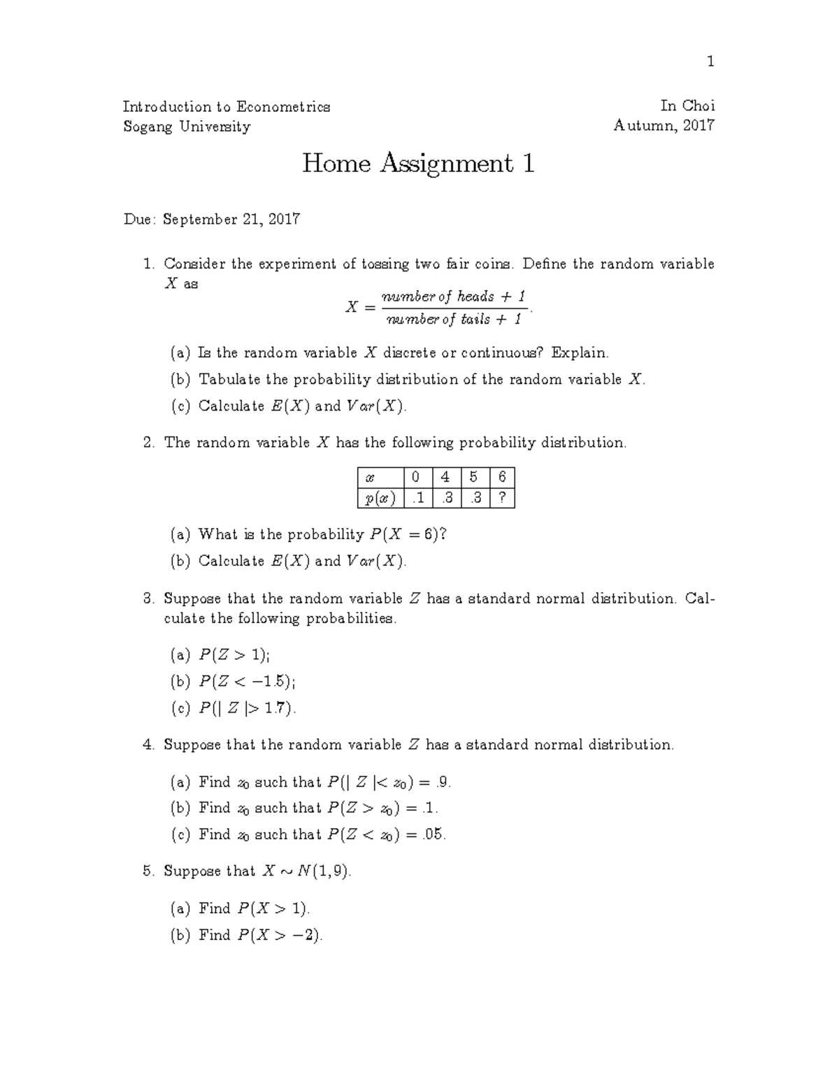 Sample/practice exam 2017, questions - 1 In Choi Autumn, 2017 Introduction to Econometrics ...