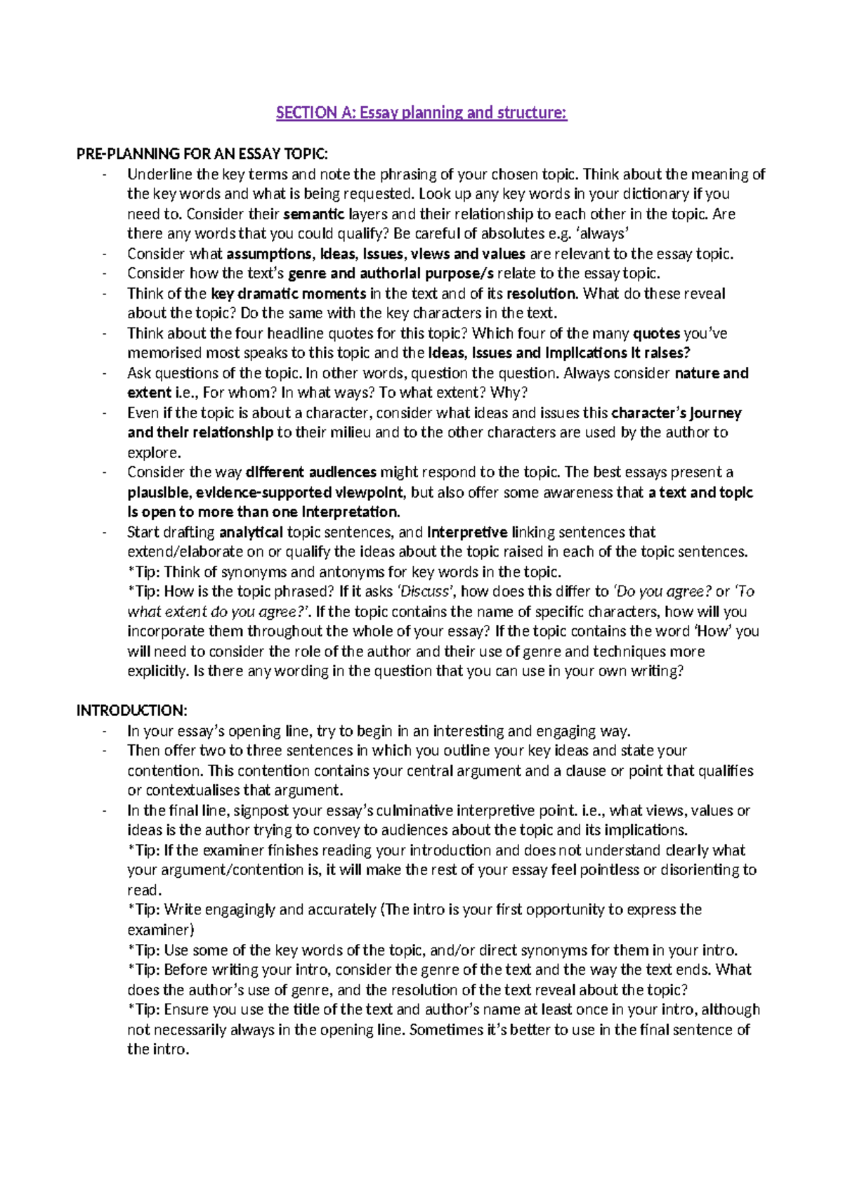 Section A - Essay planning and structure - SECTION A: Essay planning ...