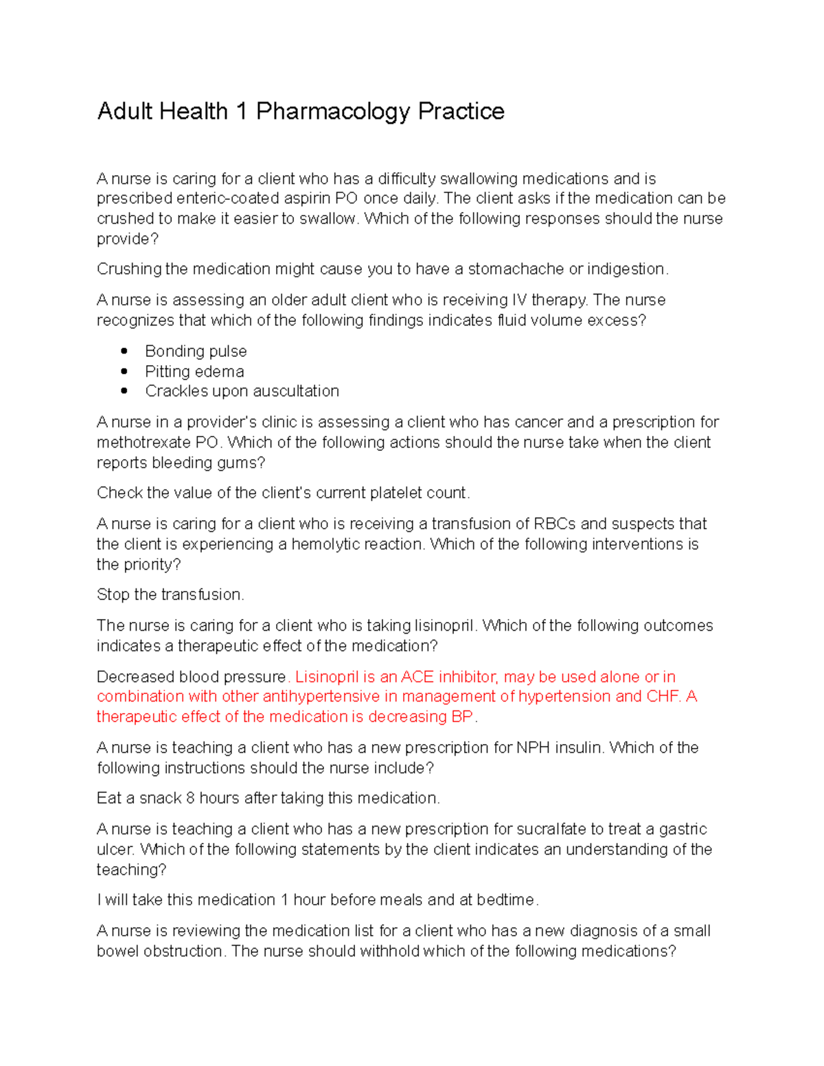 Adult Health 1 Pharmacology Practice - Adult Health 1 Pharmacology ...