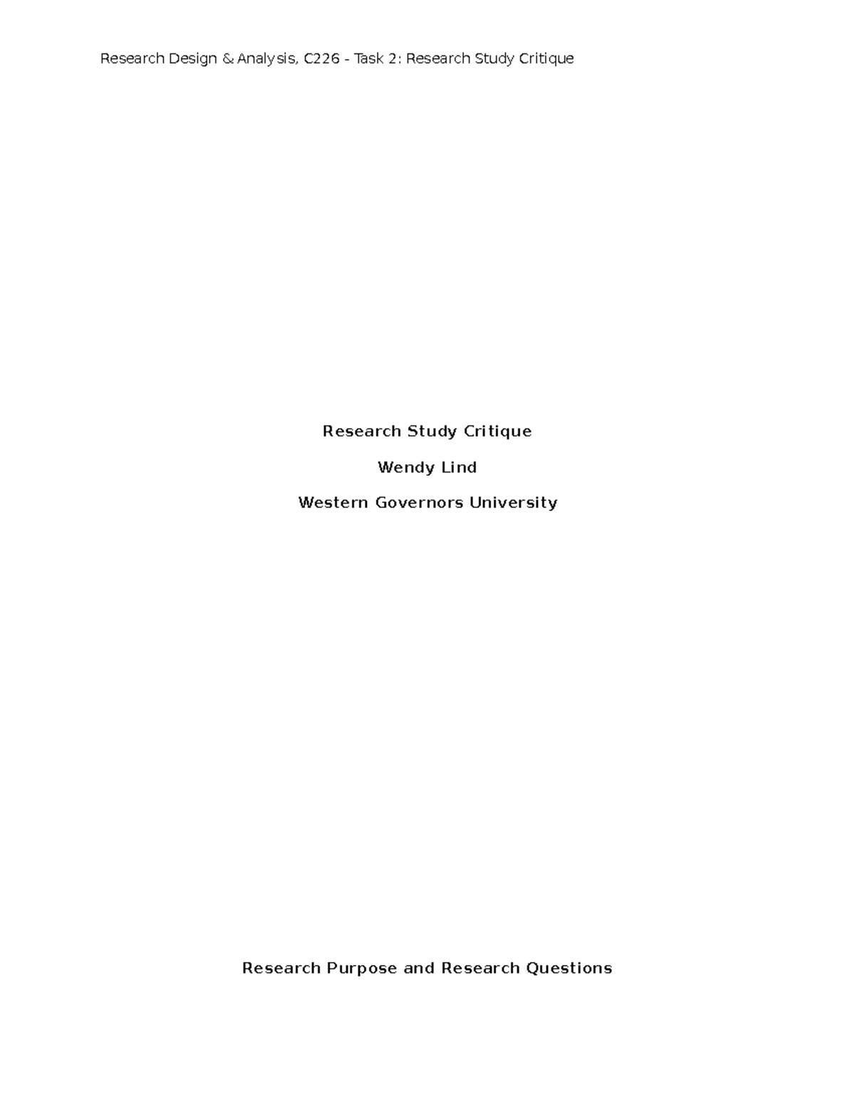 Task 2 Research Study Critique - Research Study Critique Wendy Lind ...