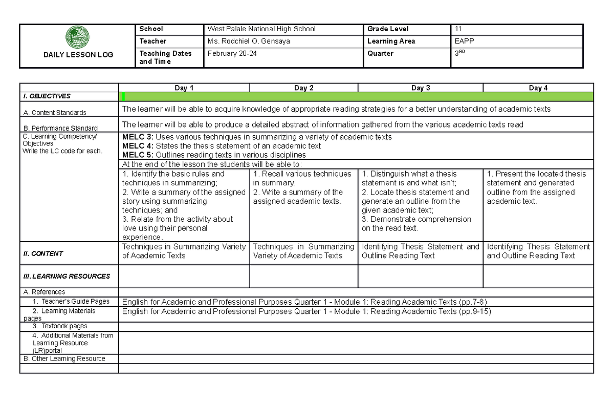 Q3 EAPP DLL WEEK 2 - DLL - DAILY LESSON LOG School West Palale National ...