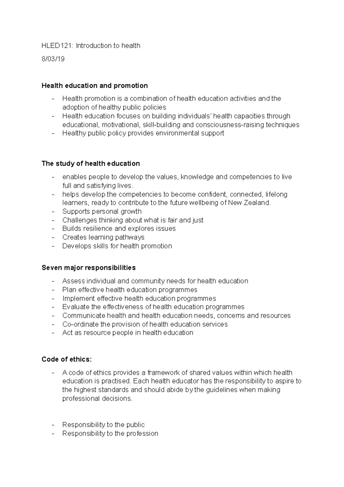 HLED121 all notes - HLED121: Introduction to health 8/03/ Health ...
