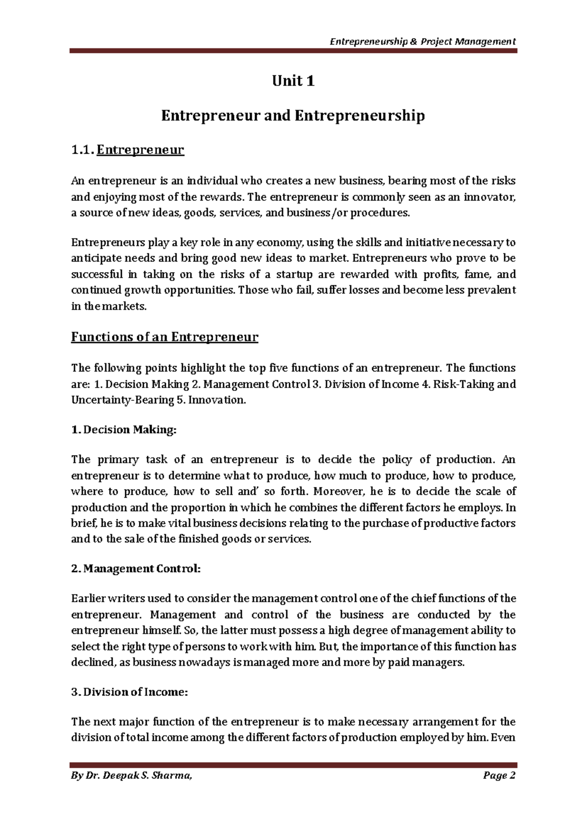PME Notes Unit 1 & 2 - Unit 1 Entrepreneur and Entrepreneurship 1 ...