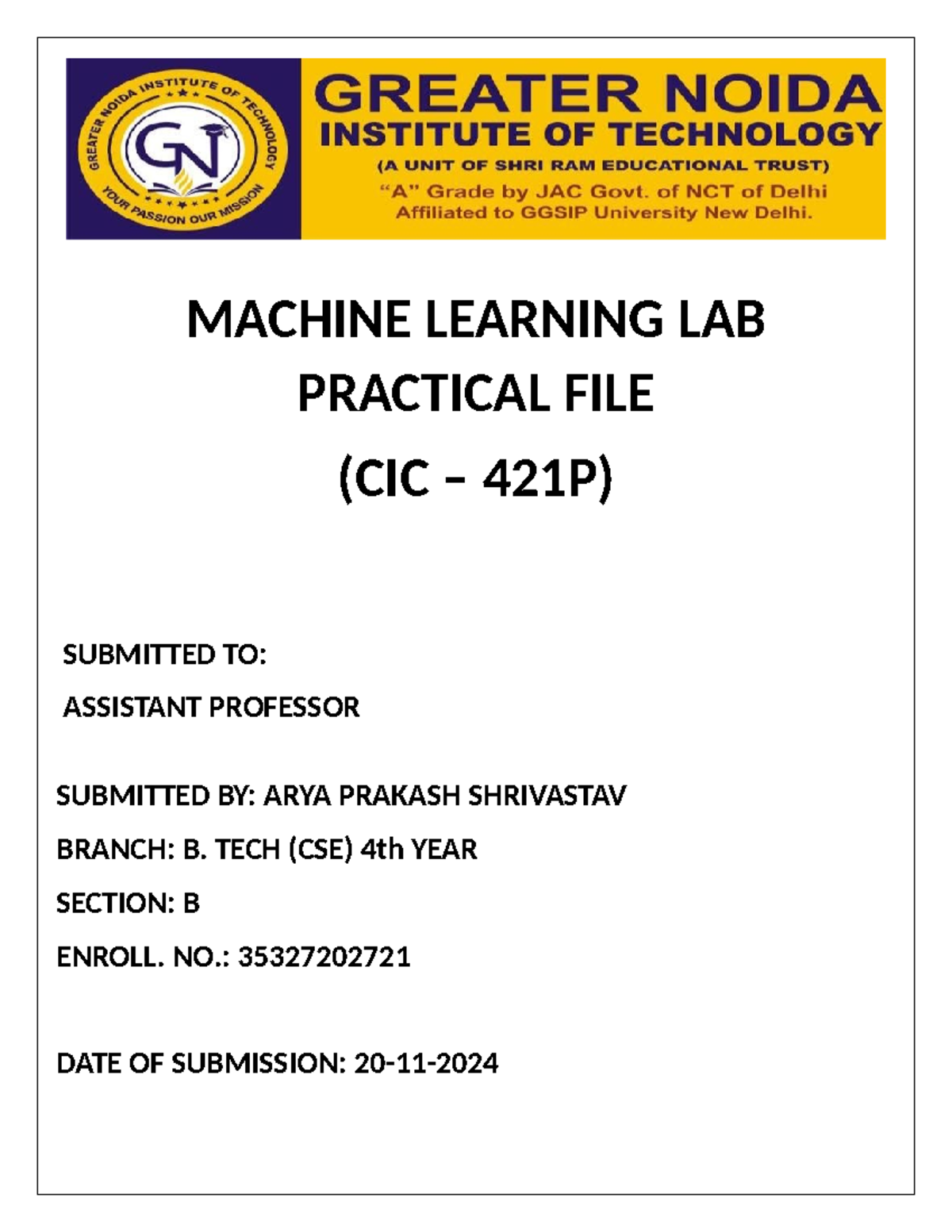 Machine Learning Practical File 7th Sem Machine Learning Lab
