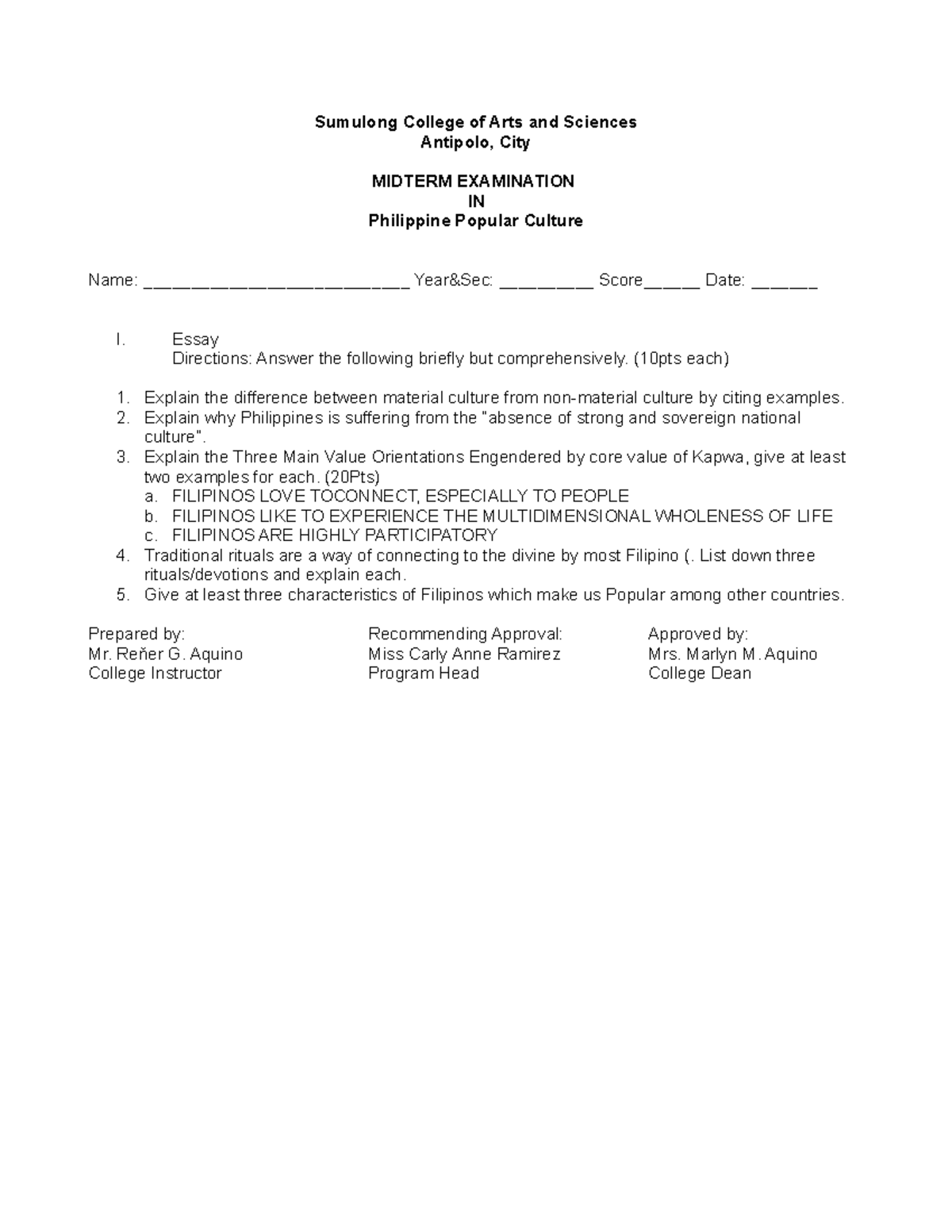 Midterm Exam in Philippine Popular Culture - Sumulong College of Arts ...