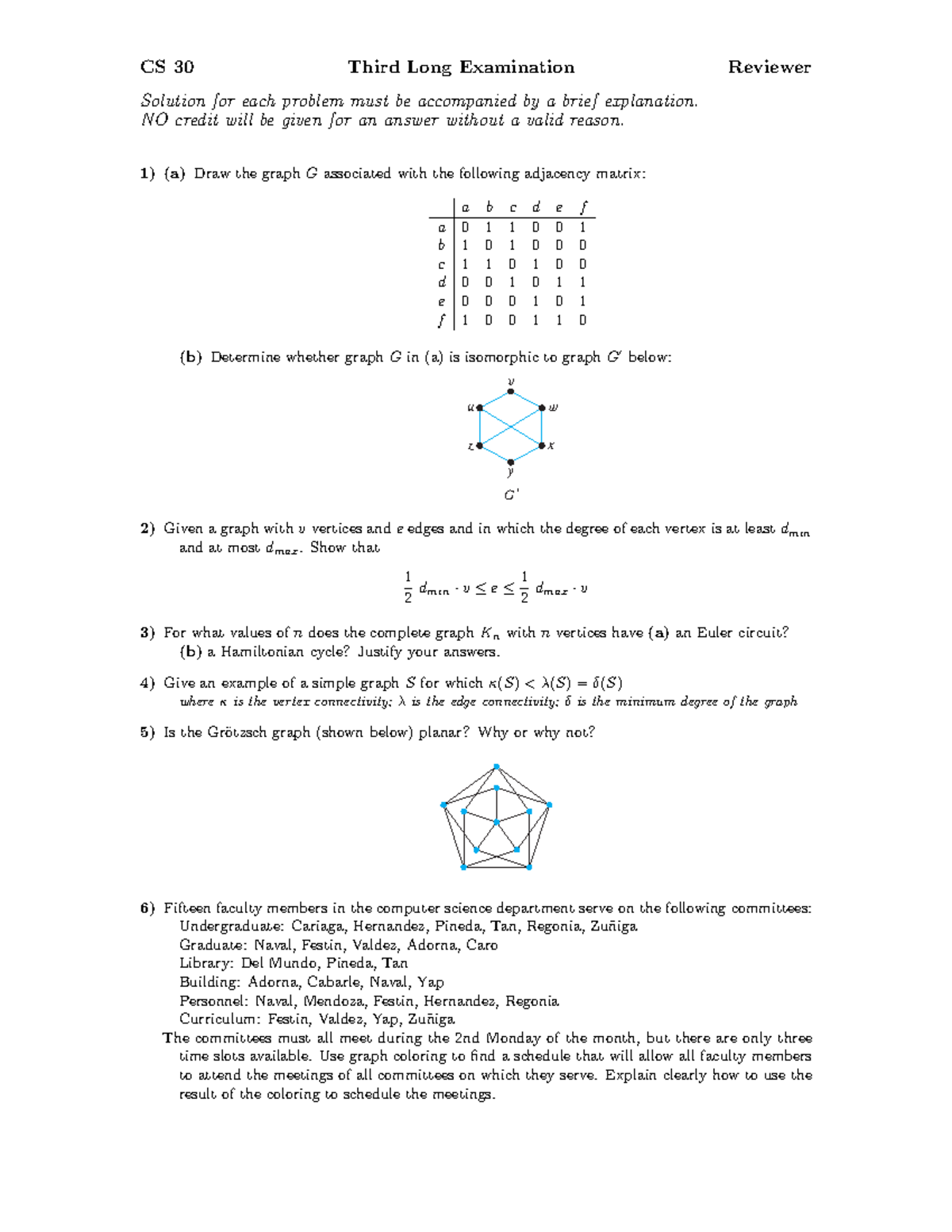 Sample/practice exam 2 December 2016, questions - G For each pair of ...