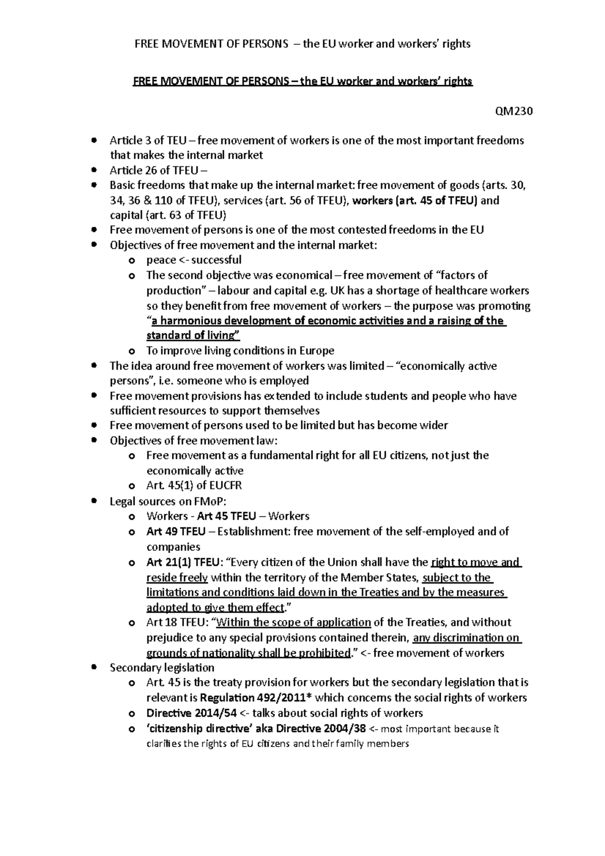 Free movement of persons notes 1 - FREE MOVEMENT OF PERSONS – the EU ...