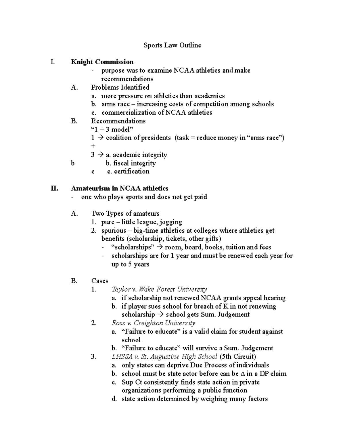Sports Law Outline - Knight Commission purpose was to examine NCAA ...