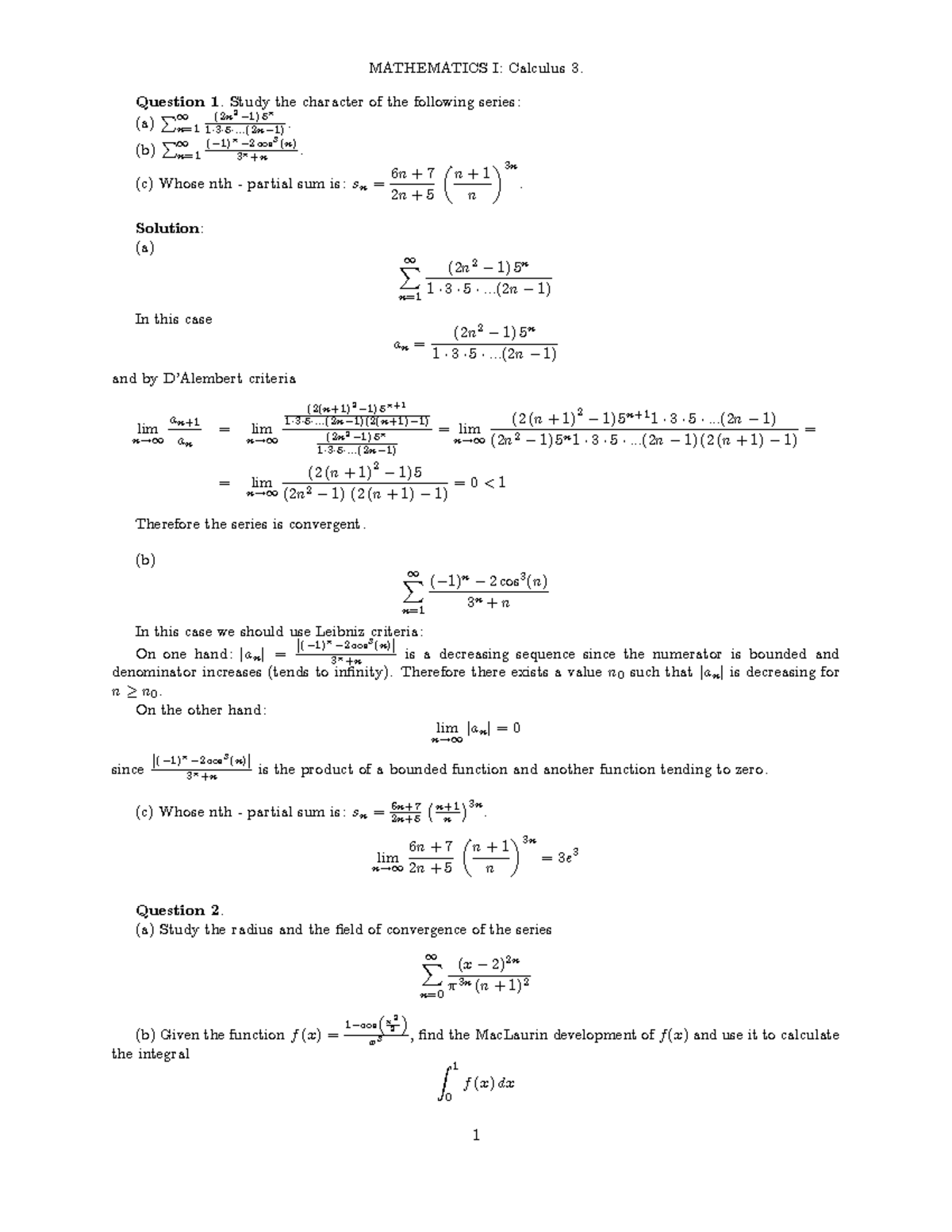 Examen C3 (Parte de Series) 2016 - MATHEMATICS I: Calculus 3. Question ...