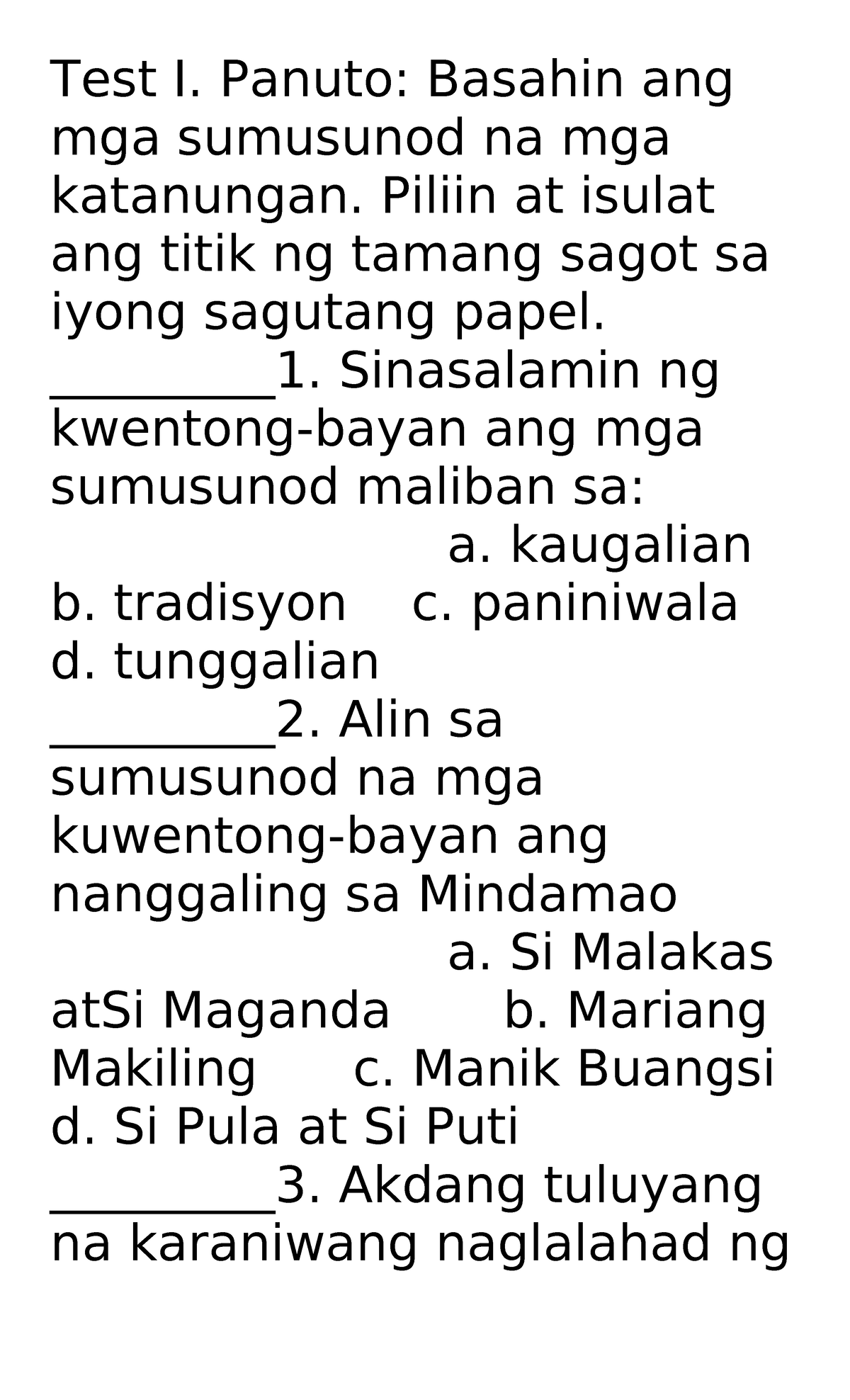 Final Achievement TEST Filipino - Test I. Panuto: Basahin ang mga ...