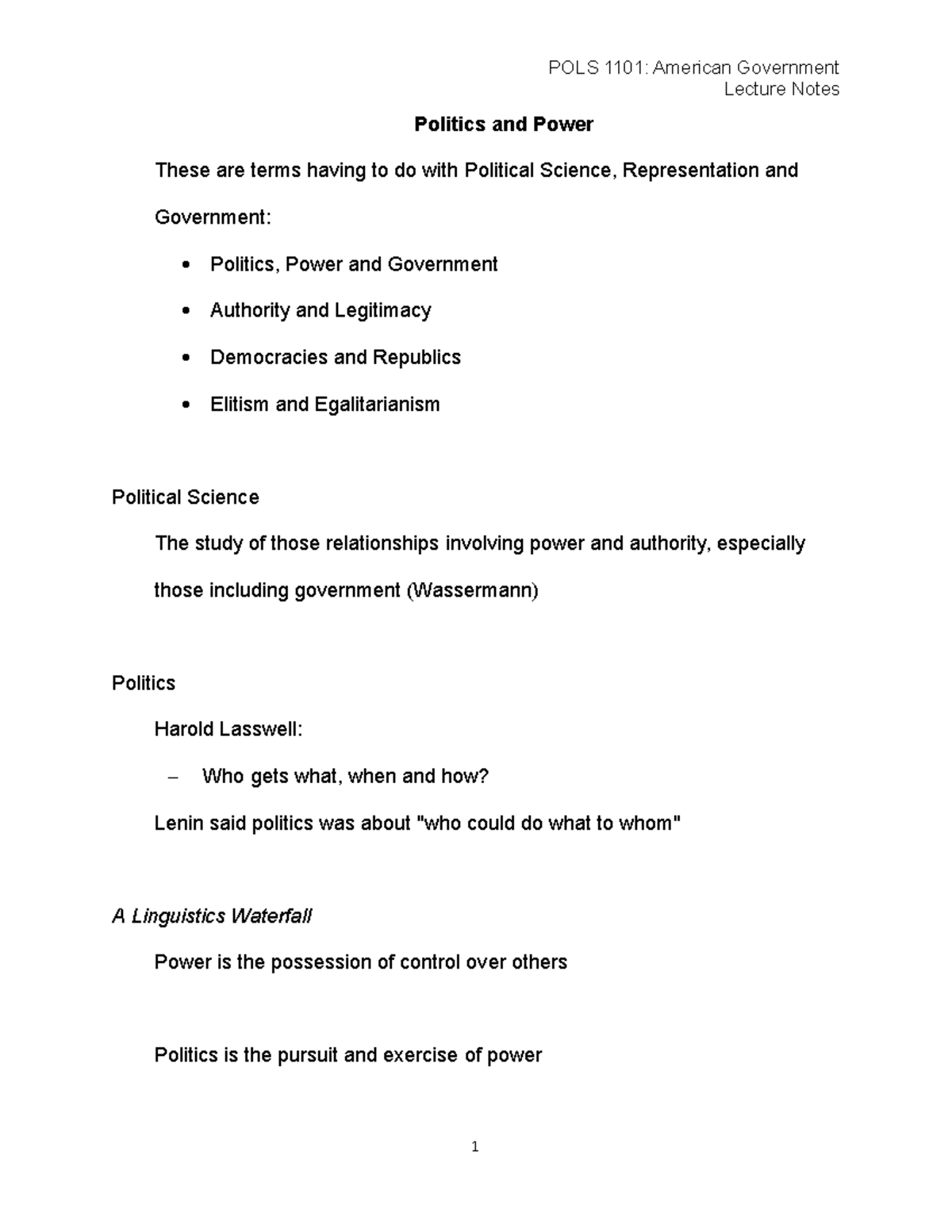 2021 POLS 1101 American Government Lecture Notes Politics and Power 2A ...