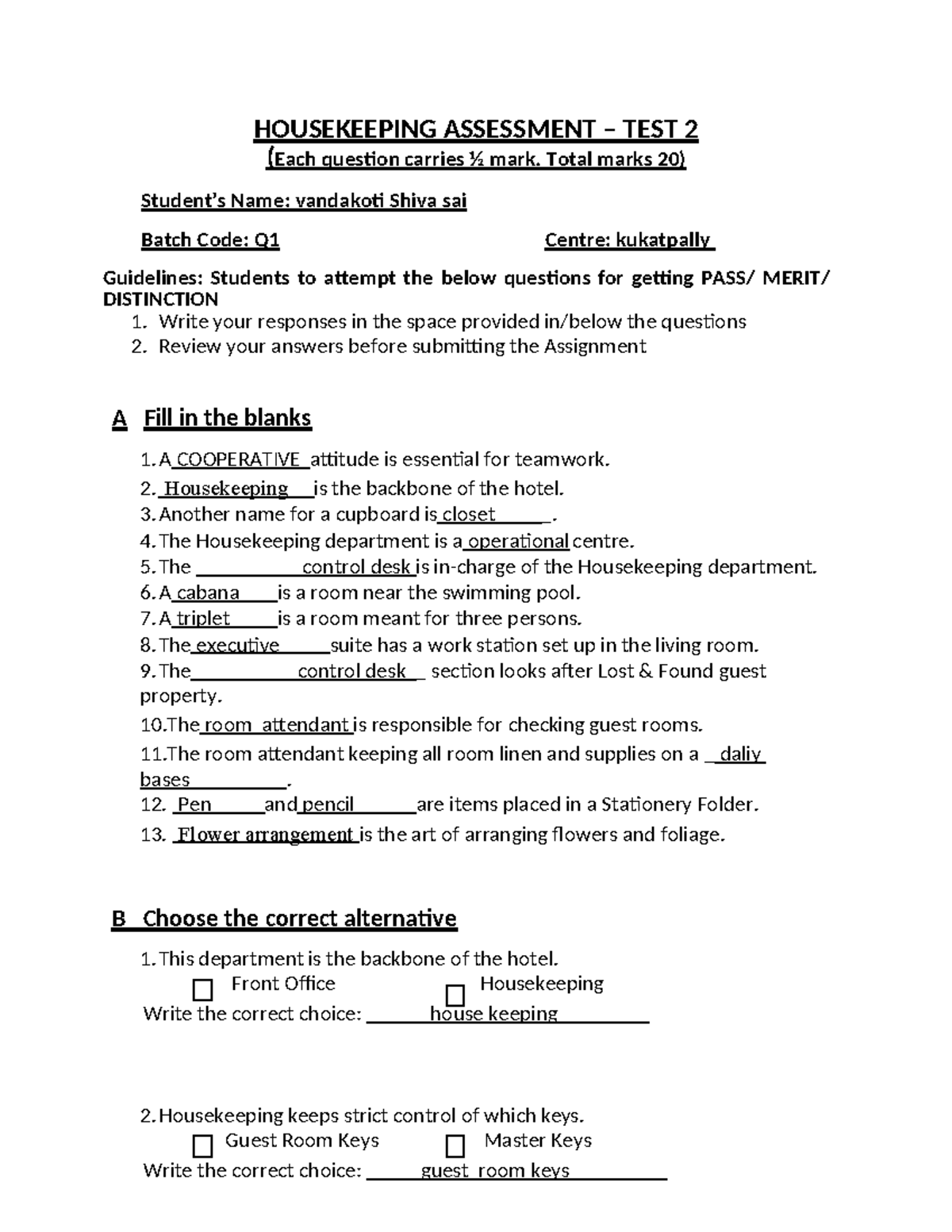 Housekeeping Assessment TEST puneet - HOUSEKEEPING ASSESSMENT – TEST 2 ...